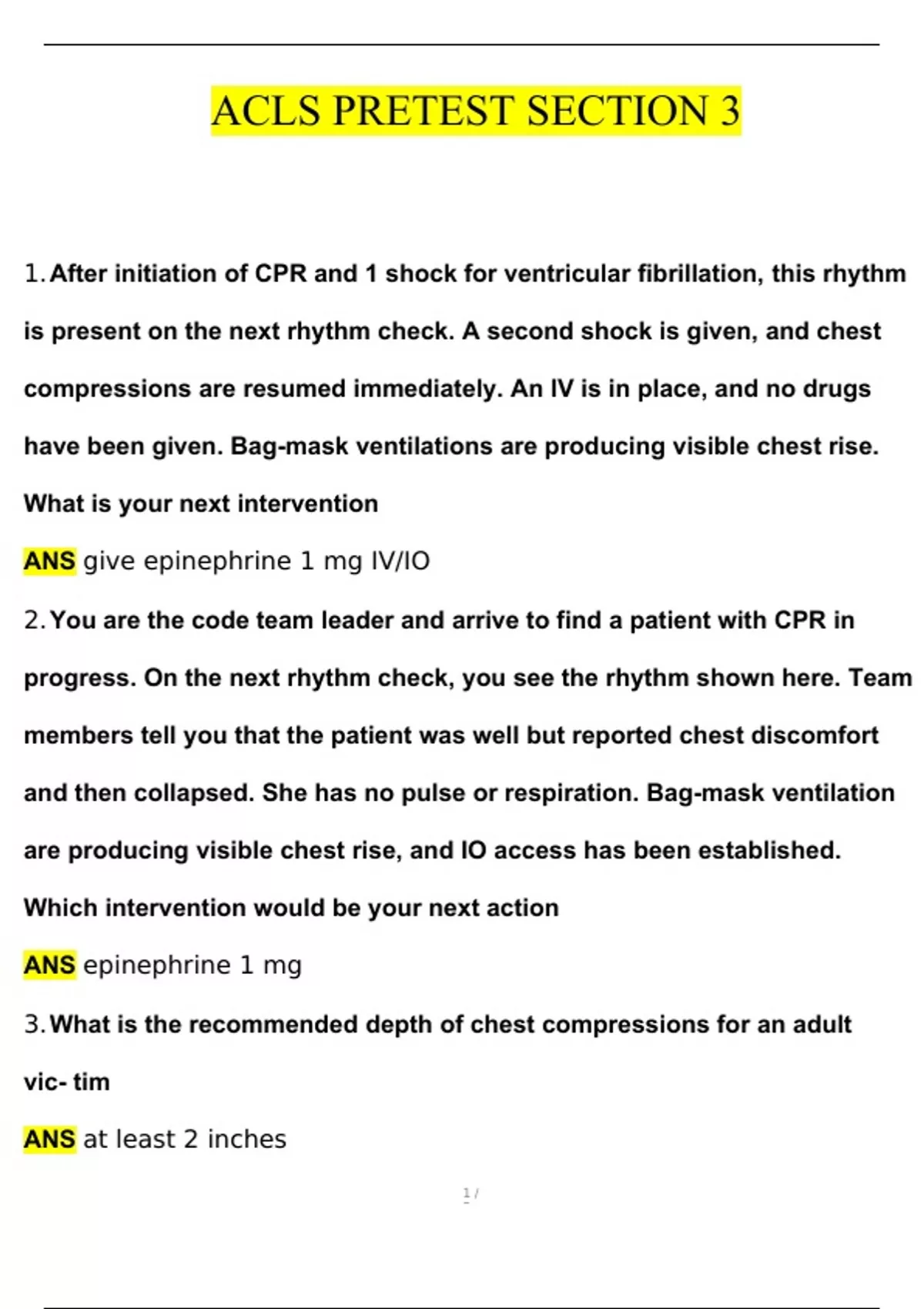 ACLS Pretest Section 3 Questions and Answers Latest (2024 / 2025 ...