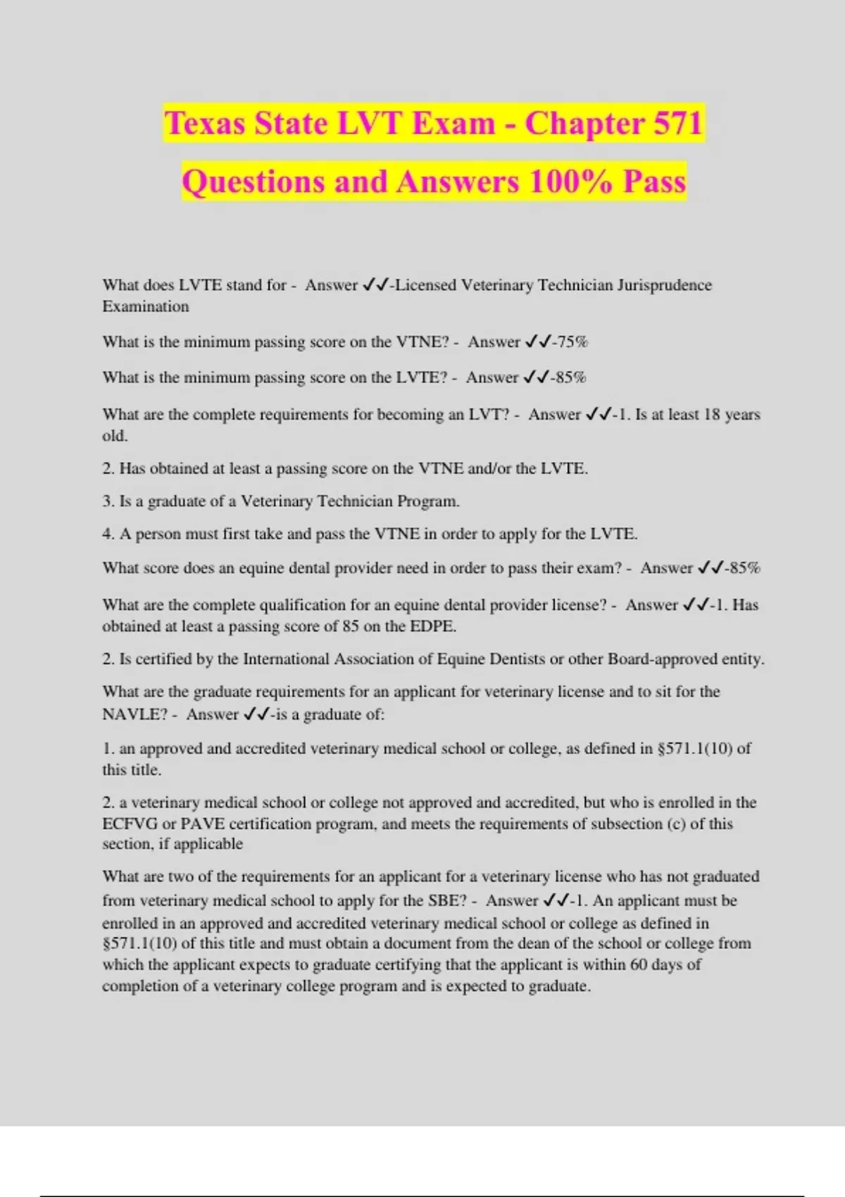 Texas State LVT Exam - Chapter 571 Questions and Answers 100% Pass ...