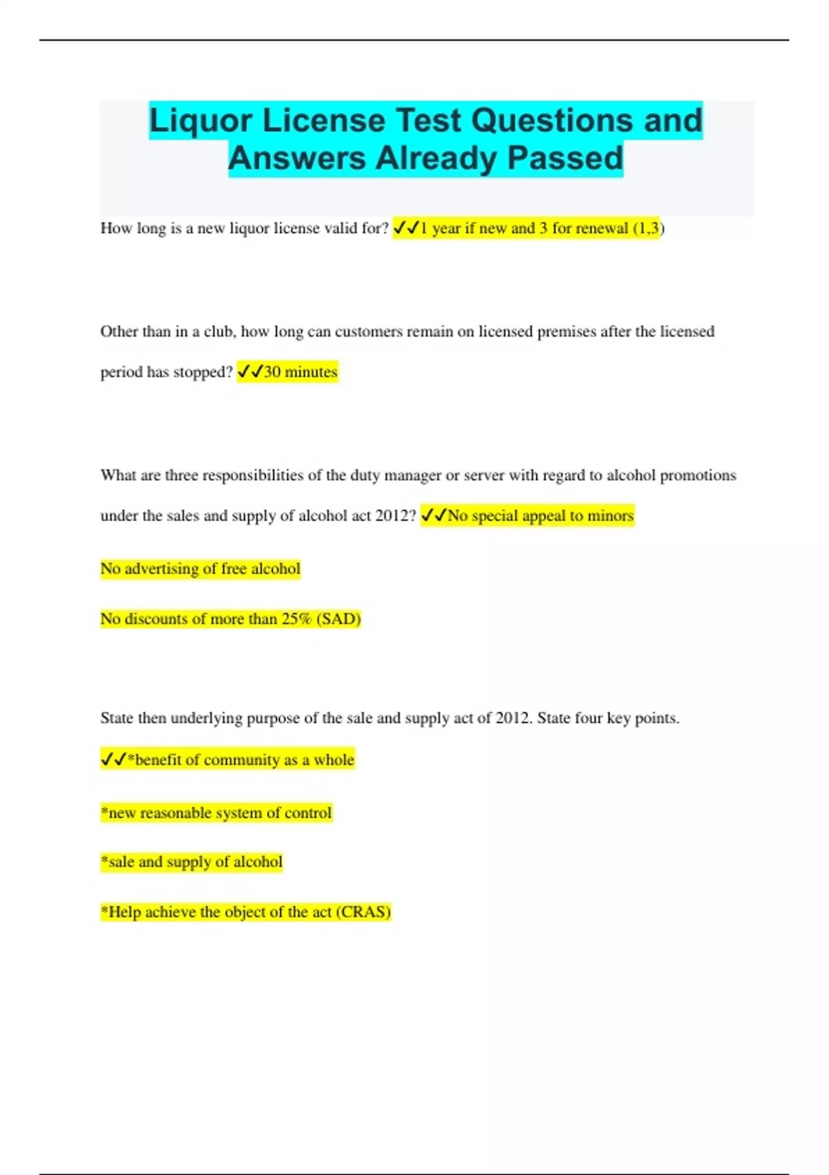 Liquor License Test Questions and Answers Already Passed - Liquor ...