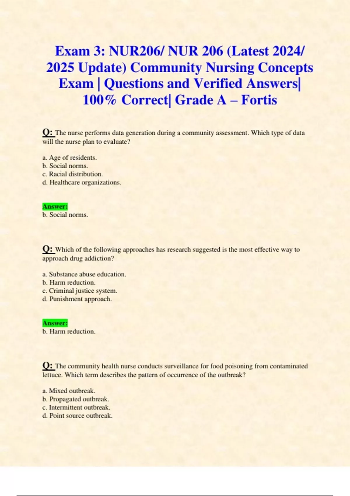 Exam 3: NUR206/ NUR 206 (Latest 2024/ 2025 Update) Community Nursing ...