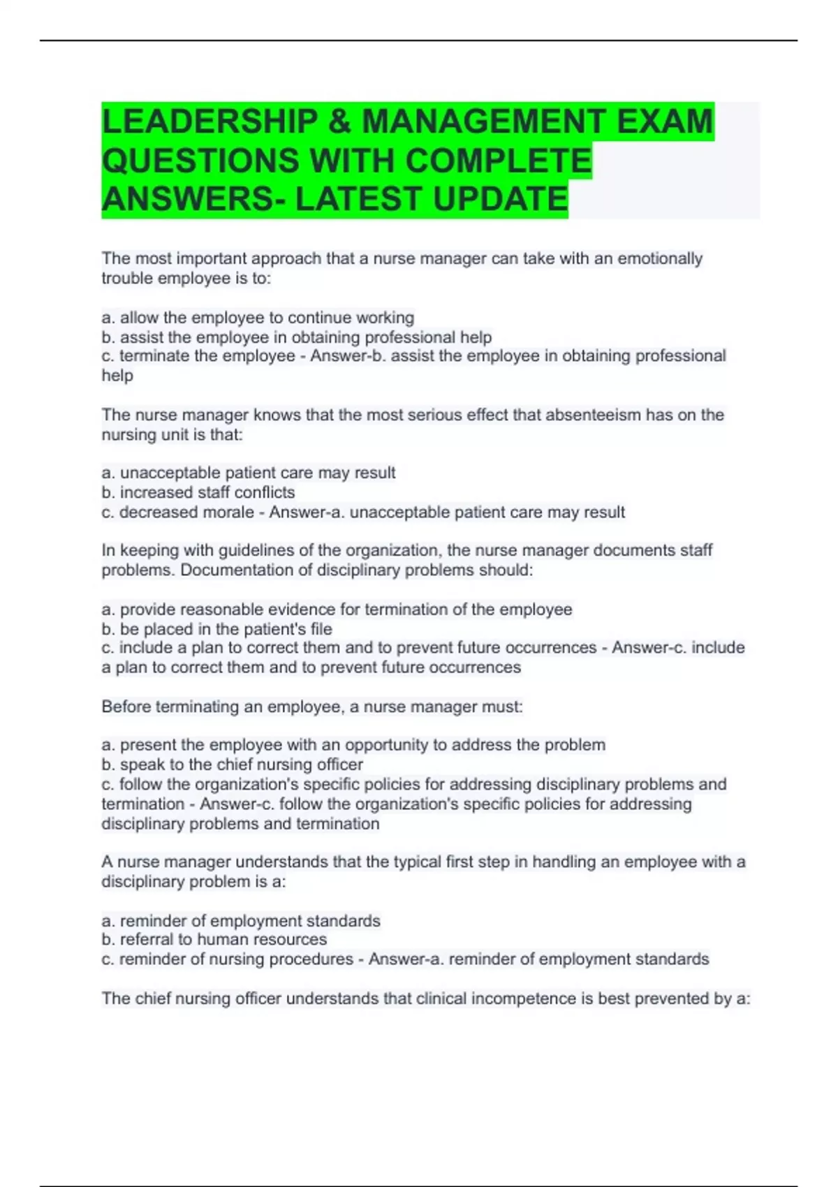 LEADERSHIP & MANAGEMENT EXAM QUESTIONS WITH COMPLETE ANSWERS- LATEST ...