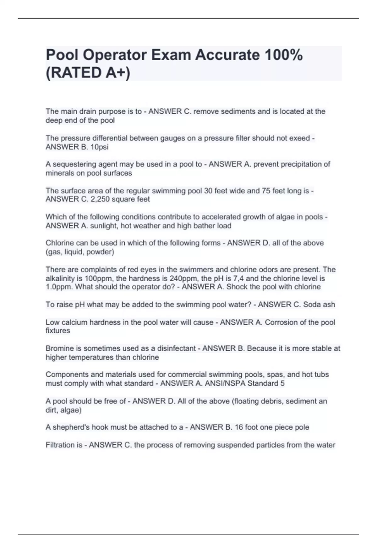 Pool Operator Exam Accurate 100%(RATED A+) - CPO certified pool ...