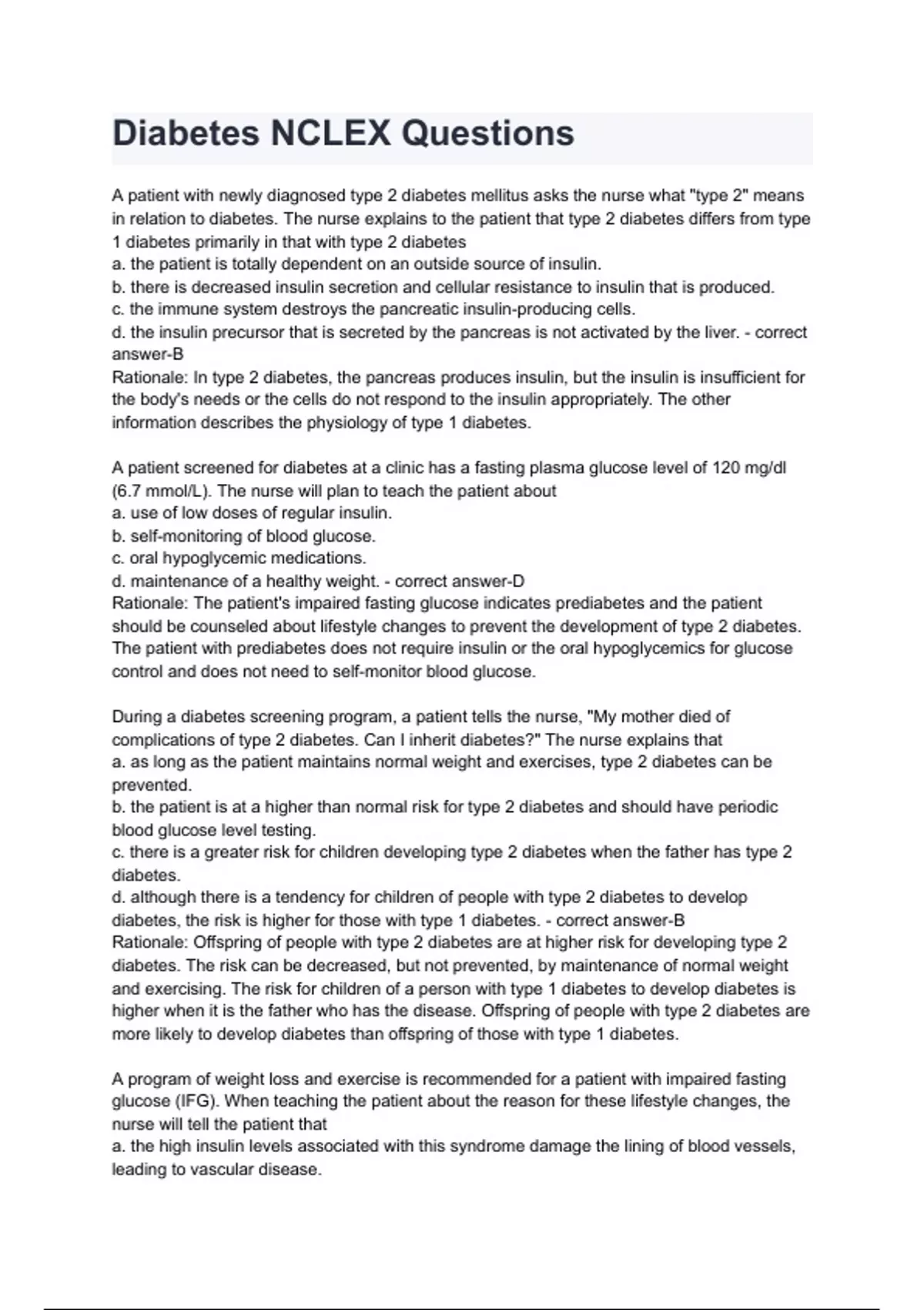 Diabetes NCLEX Questions with complete solution - ALL EXM STUDY ...