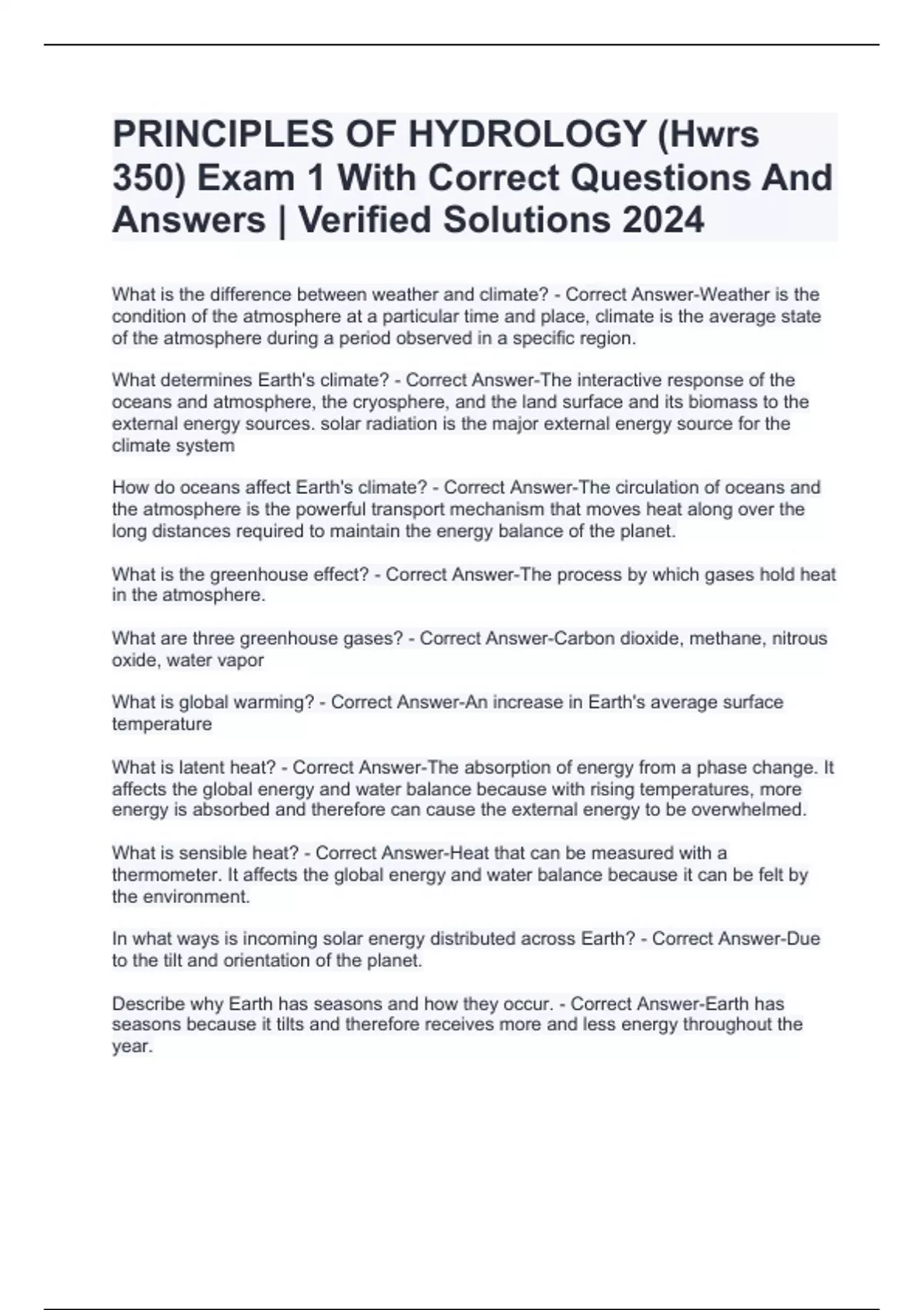 PRINCIPLES OF HYDROLOGY (Hwrs 350) Exam 1 With Correct Questions And ...