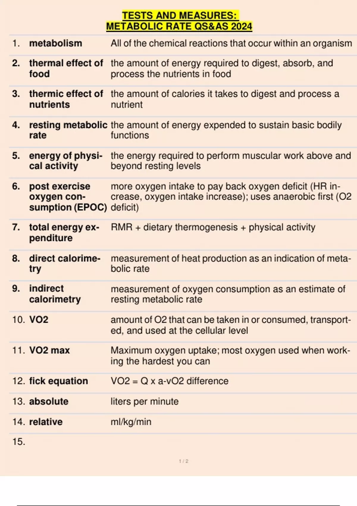 TESTS AND MEASURES: METABOLIC RATE QS&AS 2024 - TESTS AND MEASURES ...