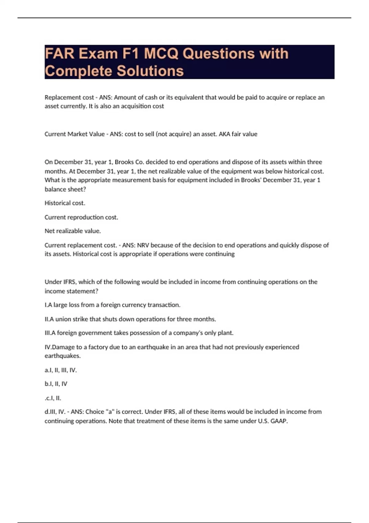FAR Exam F1 MCQ Questions with Complete Solutions - FAR Fair value ...