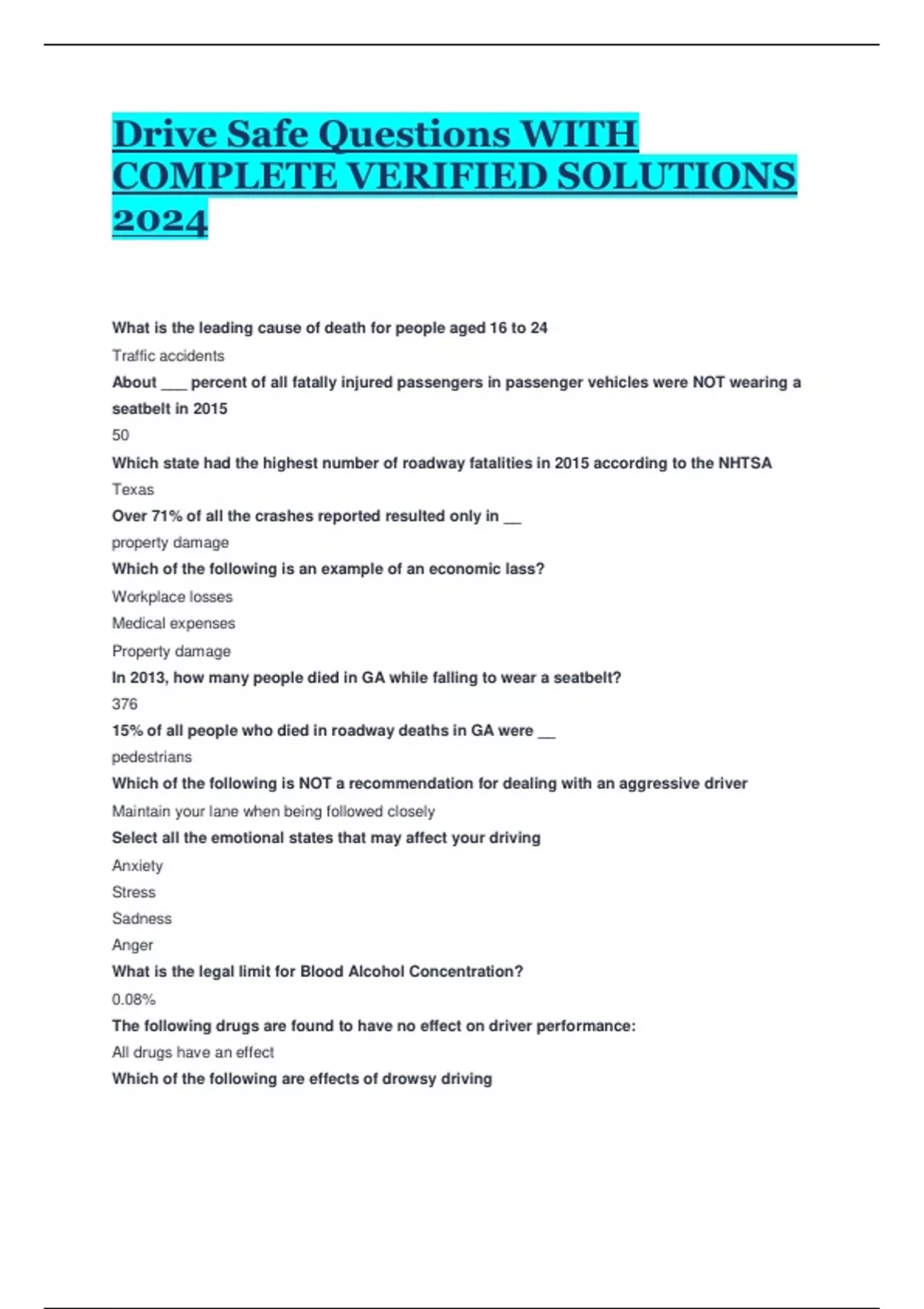 Drive Safe Questions WITH COMPLETE VERIFIED SOLUTIONS 2024 - Drive Safe ...