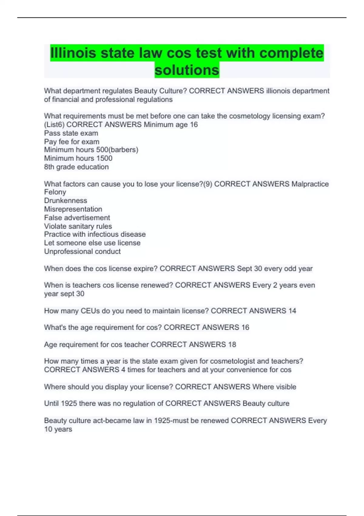 Illinois state law cos test with complete solutions - Illinois ...