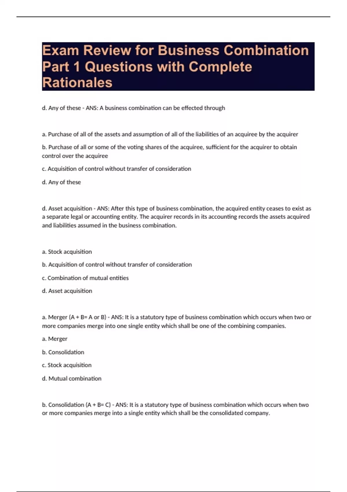 Exam Review for Business Combination Part 1 Questions with Complete ...