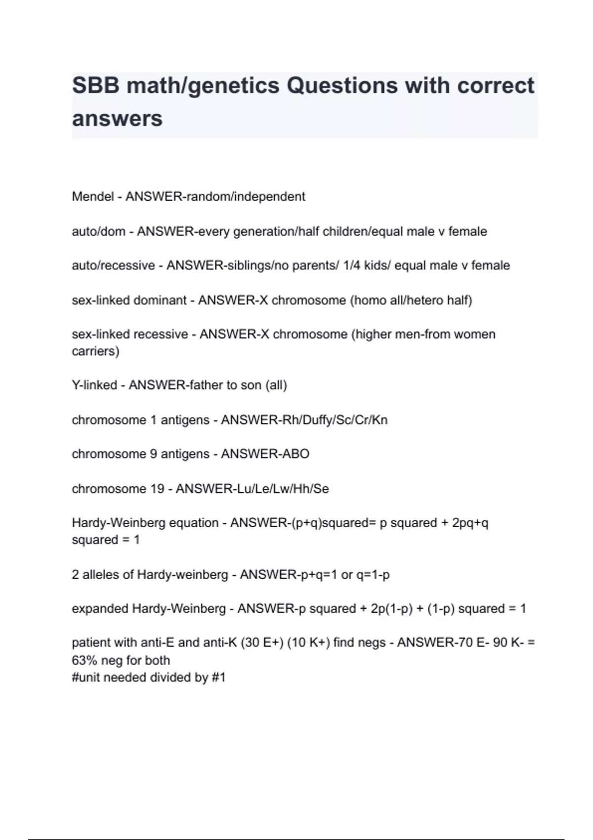 SBB math_genetics Questions with correct answers - MATHS STUDY - Stuvia US