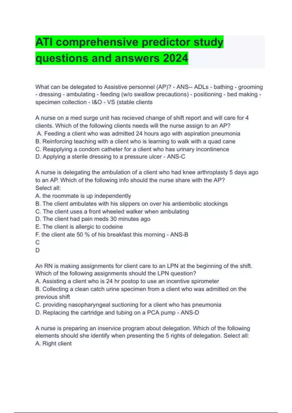 ATI comprehensive predictor study questions and answers 2024 - ATI ...