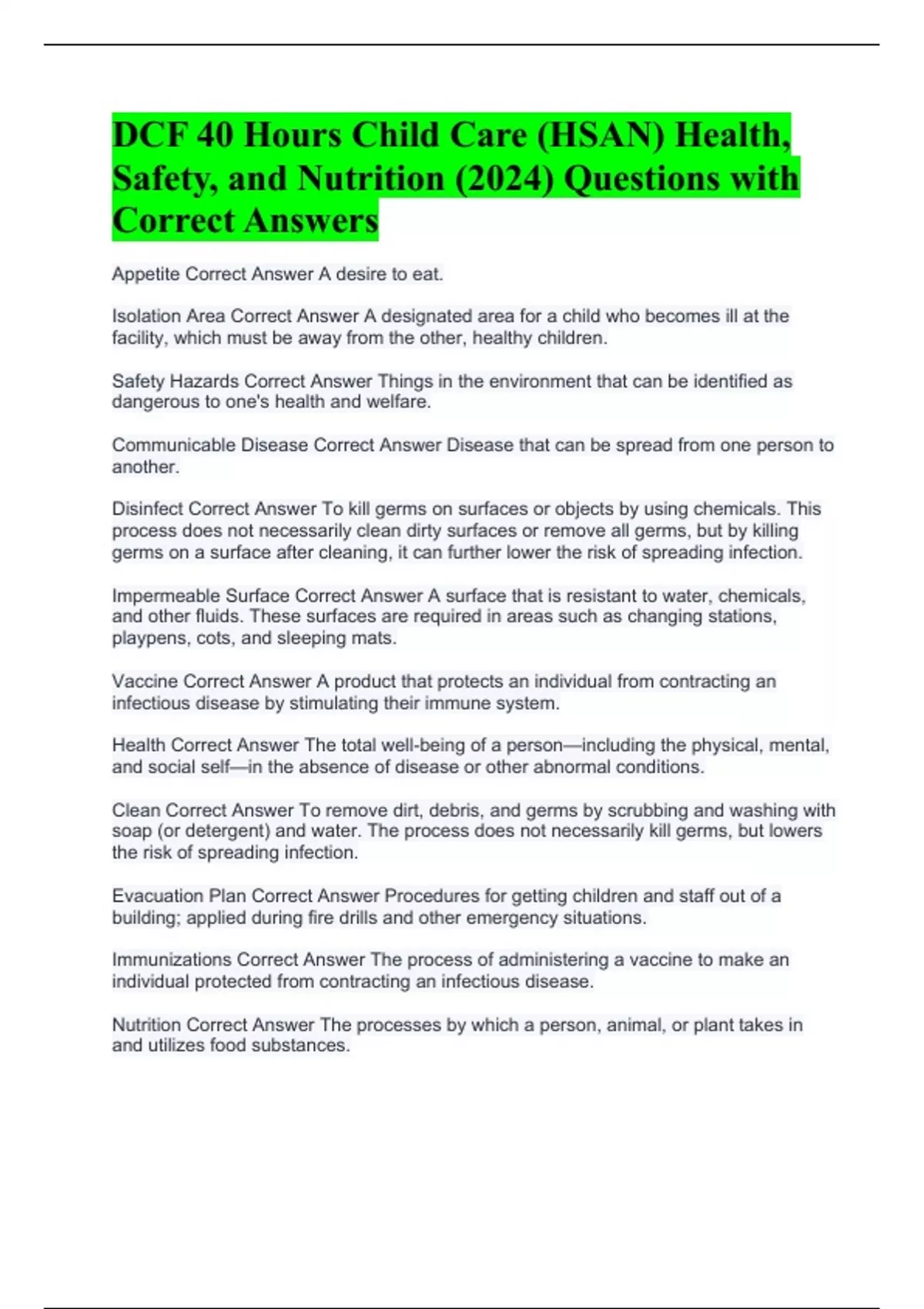 DCF 40 Hours Child Care (HSAN) Health, Safety, and Nutrition (2024 ...