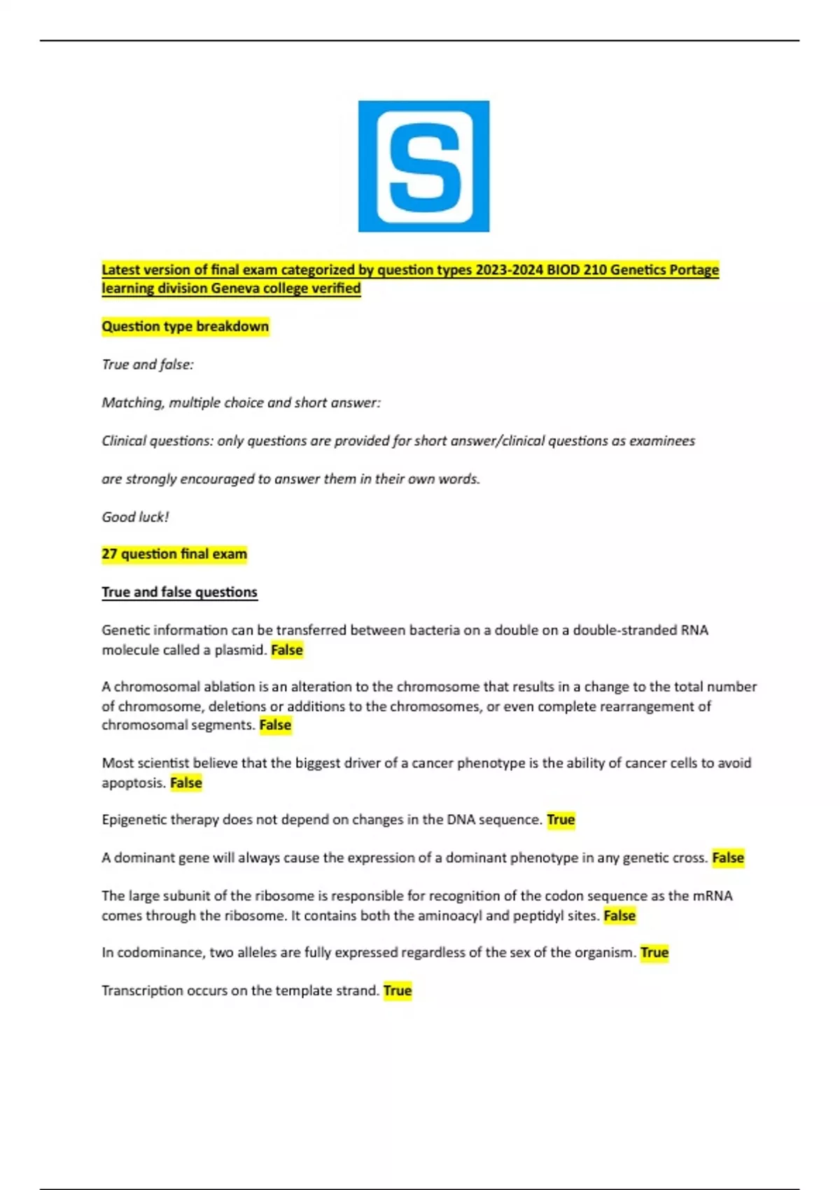 Portage learning genetics BIOD 210 final exam latest verified - BIOD ...