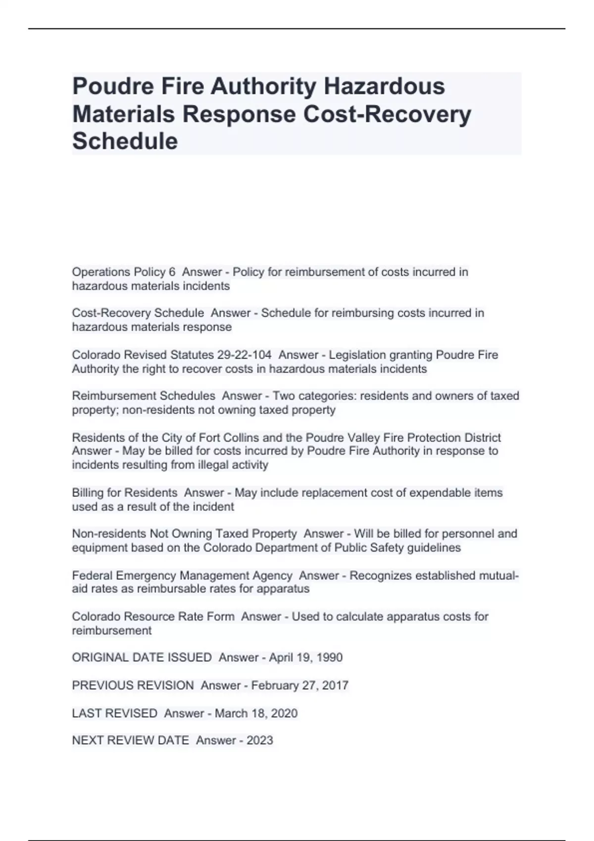 Poudre Fire Authority Hazardous Materials Response Cost-Recovery ...