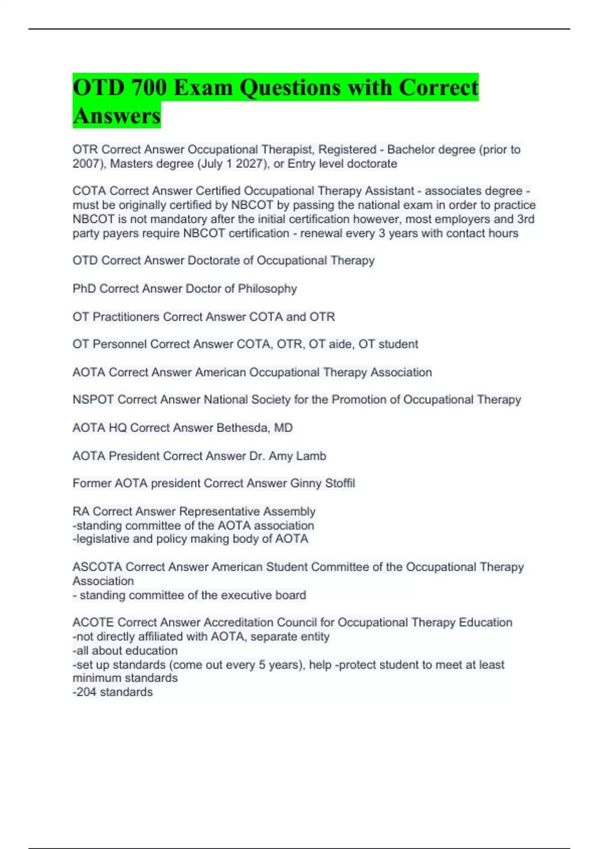 OTD 700 Exam Questions with Correct Answers Bundled Package - Stuvia US