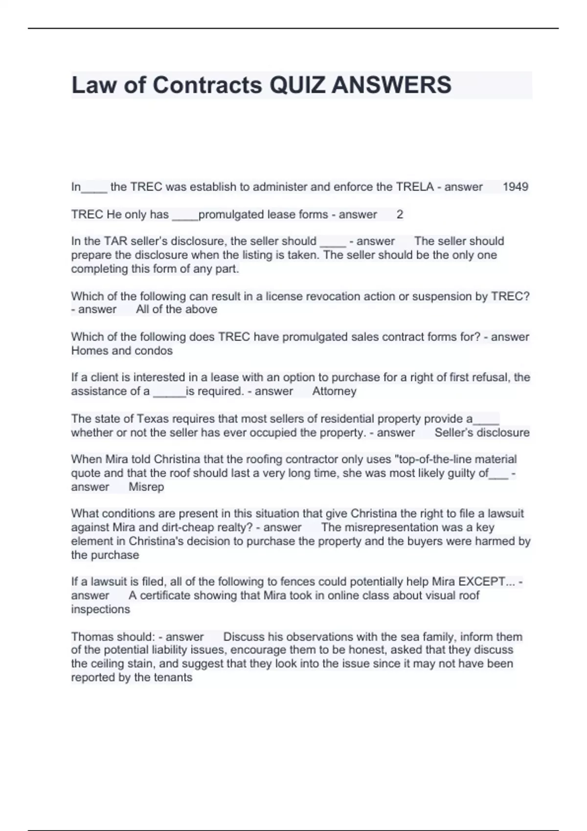 Law of Contracts QUIZ ANSWERS Questions with correct Answers 2024 - Law ...