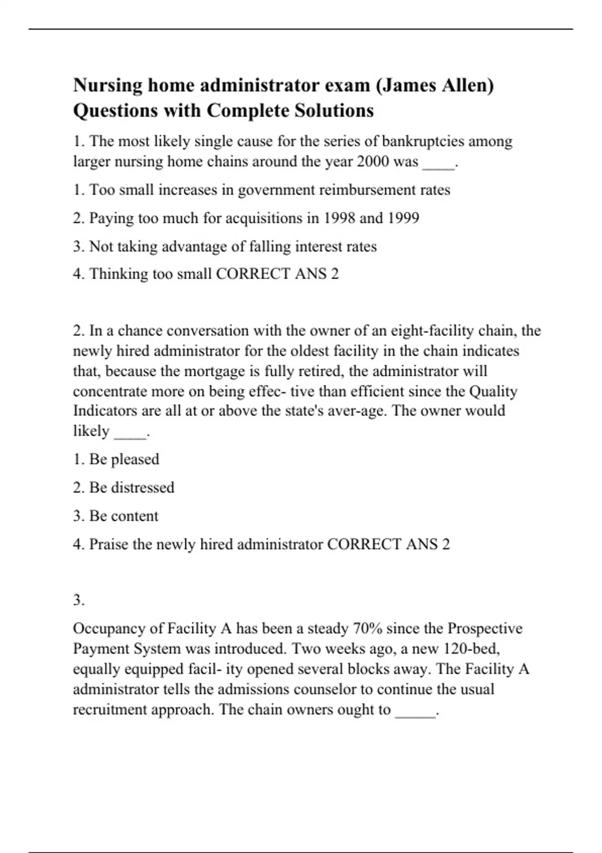 Nursing home administrator exam (James Allen) Questions with Complete Solutions - LNHA - Stuvia US