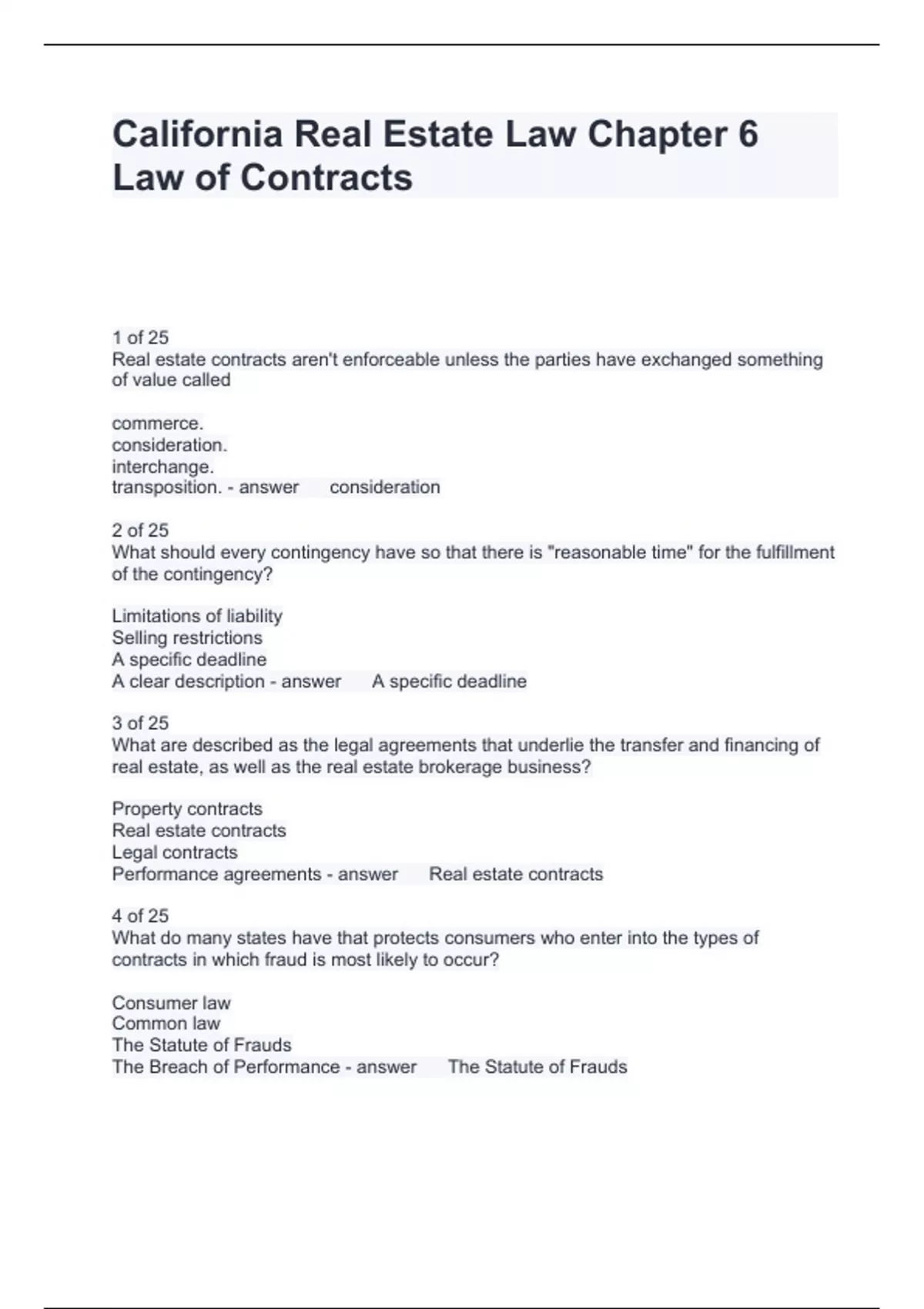 California Real Estate Law Chapter 6 Law of Contracts Questions and Answers 100% correct 2024 ...