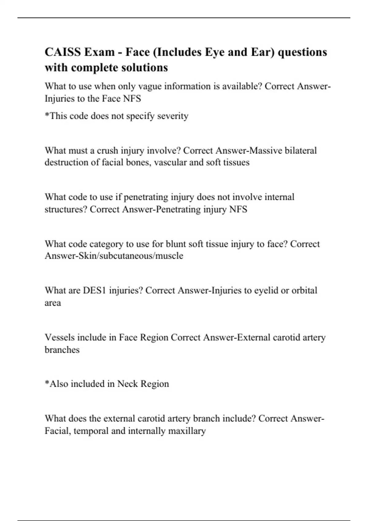 CAISS Exam - Face (Includes Eye and Ear) questions with complete ...