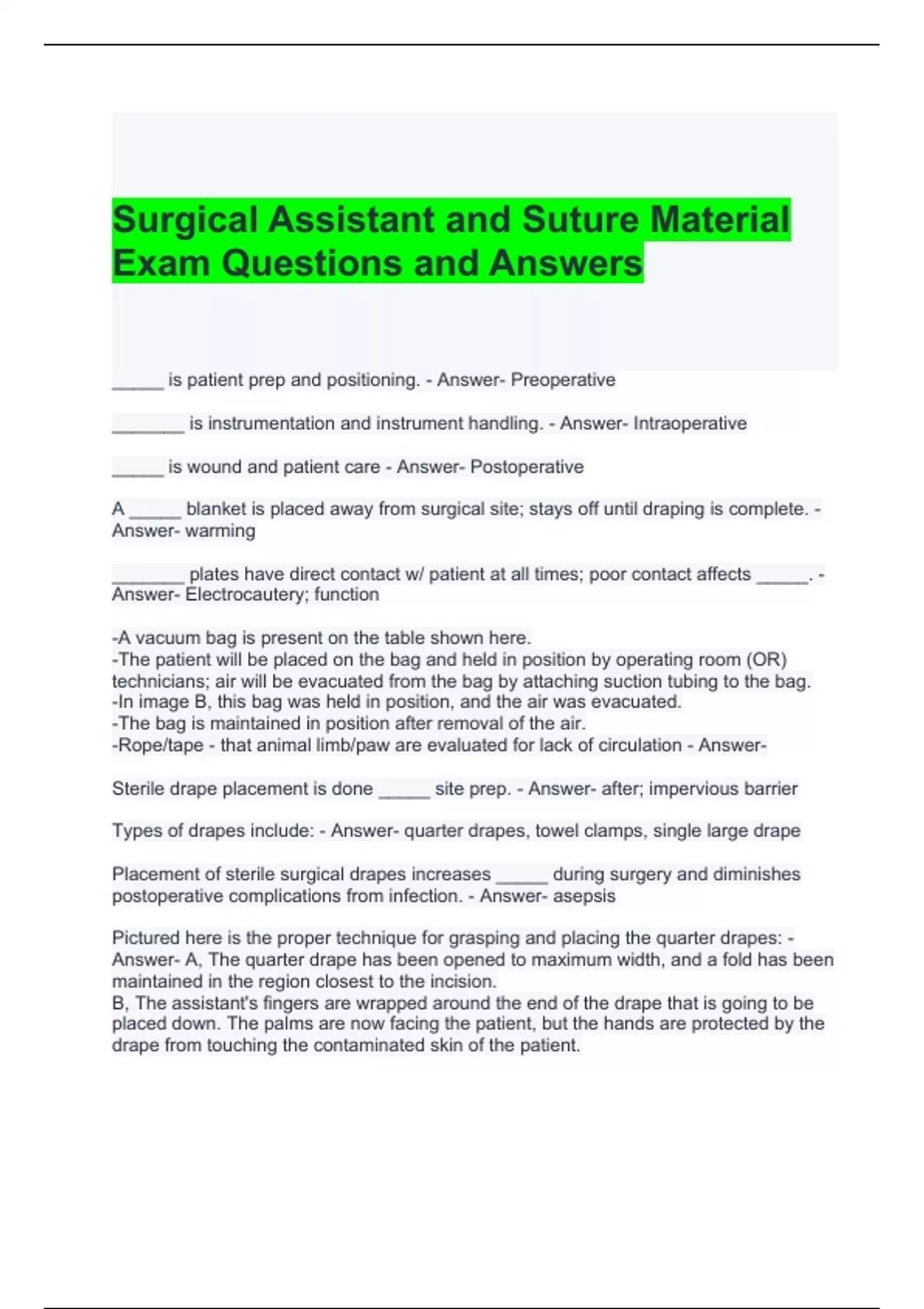Surgical Assistant and Suture Material Exam Questions and Answers - Surgical Assistant - Stuvia US