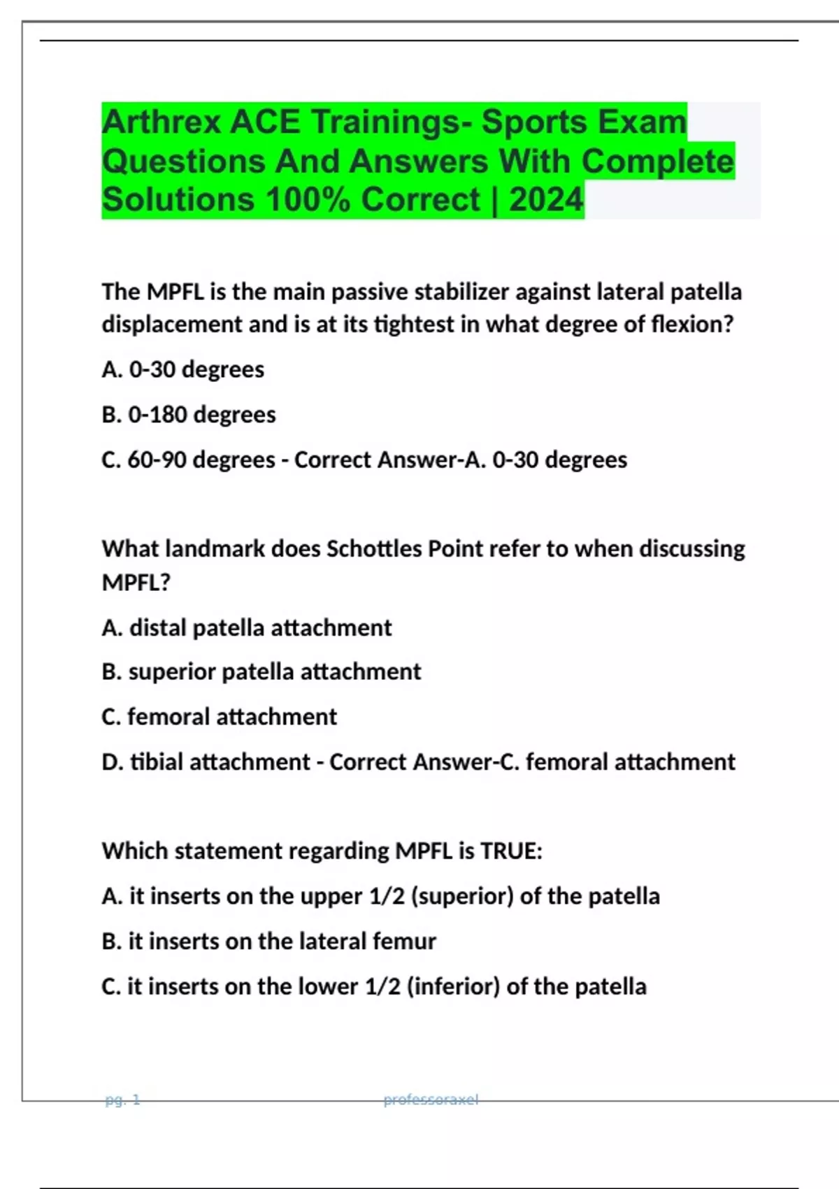 Arthrex ACE Trainings- Sports Exam Questions And Answers With Complete ...