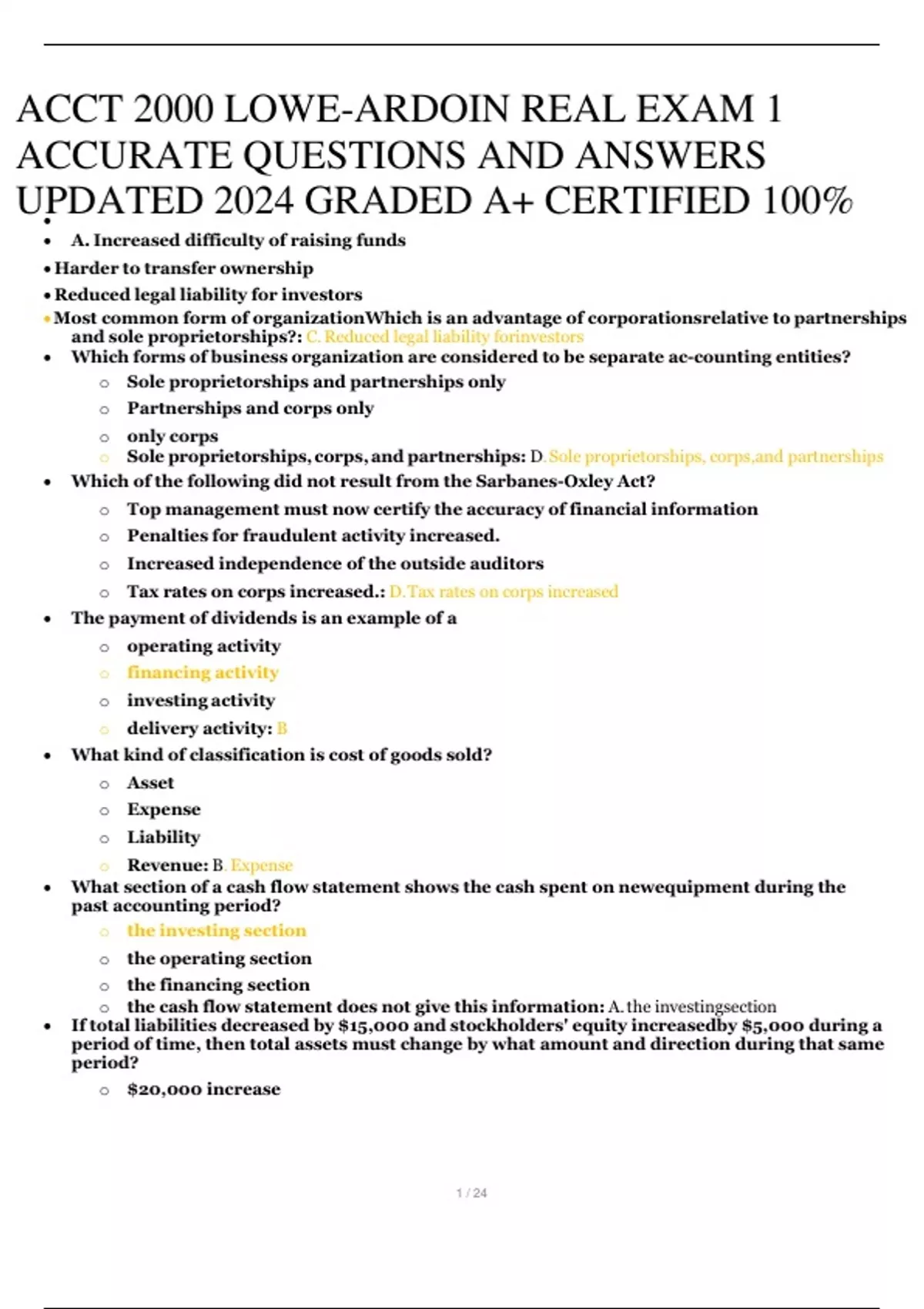 ACCT 2000 LOWE-ARDOIN REAL EXAM 1 ACCURATE QUESTIONS AND ANSWERS UPDATED 2024 GRADED A+ ...