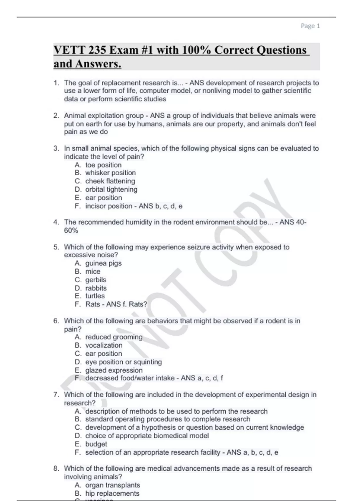 VETT 235 Exam #1 with 100% Correct Questions and Answers - BIO 201 ...
