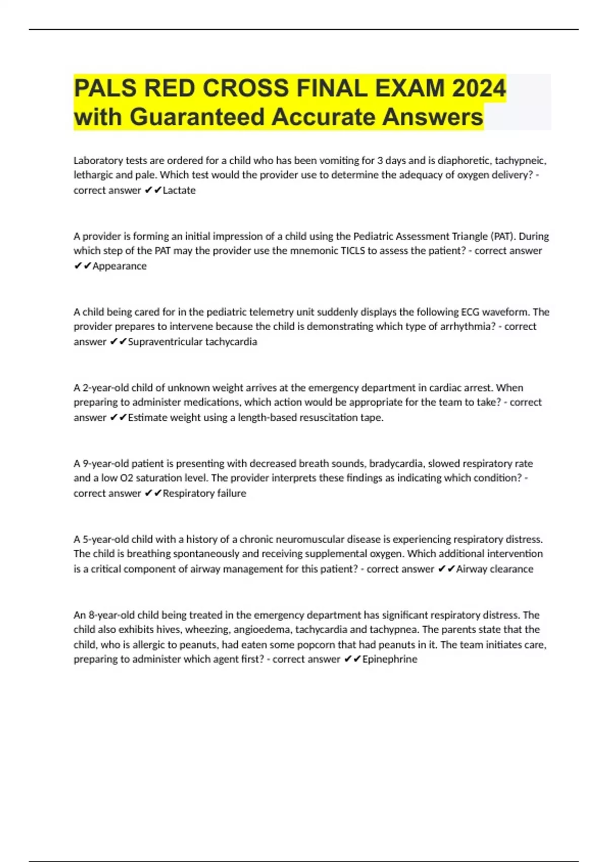 PALS RED CROSS FINAL EXAM 2024 with Guaranteed Accurate Answers - PALS ...