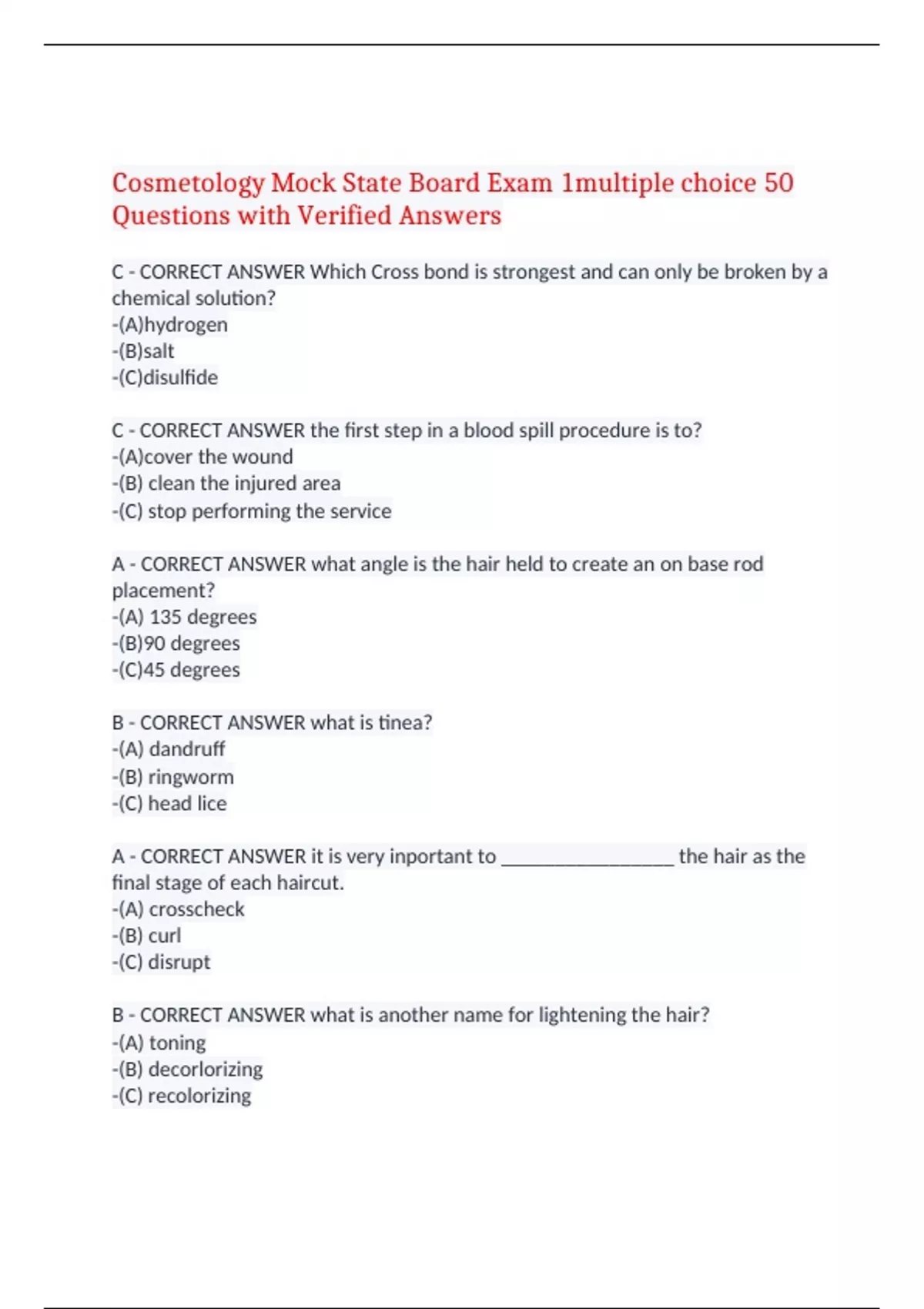 Cosmetology Mock State Board Exam 1 multiple choice 50 Questions with ...
