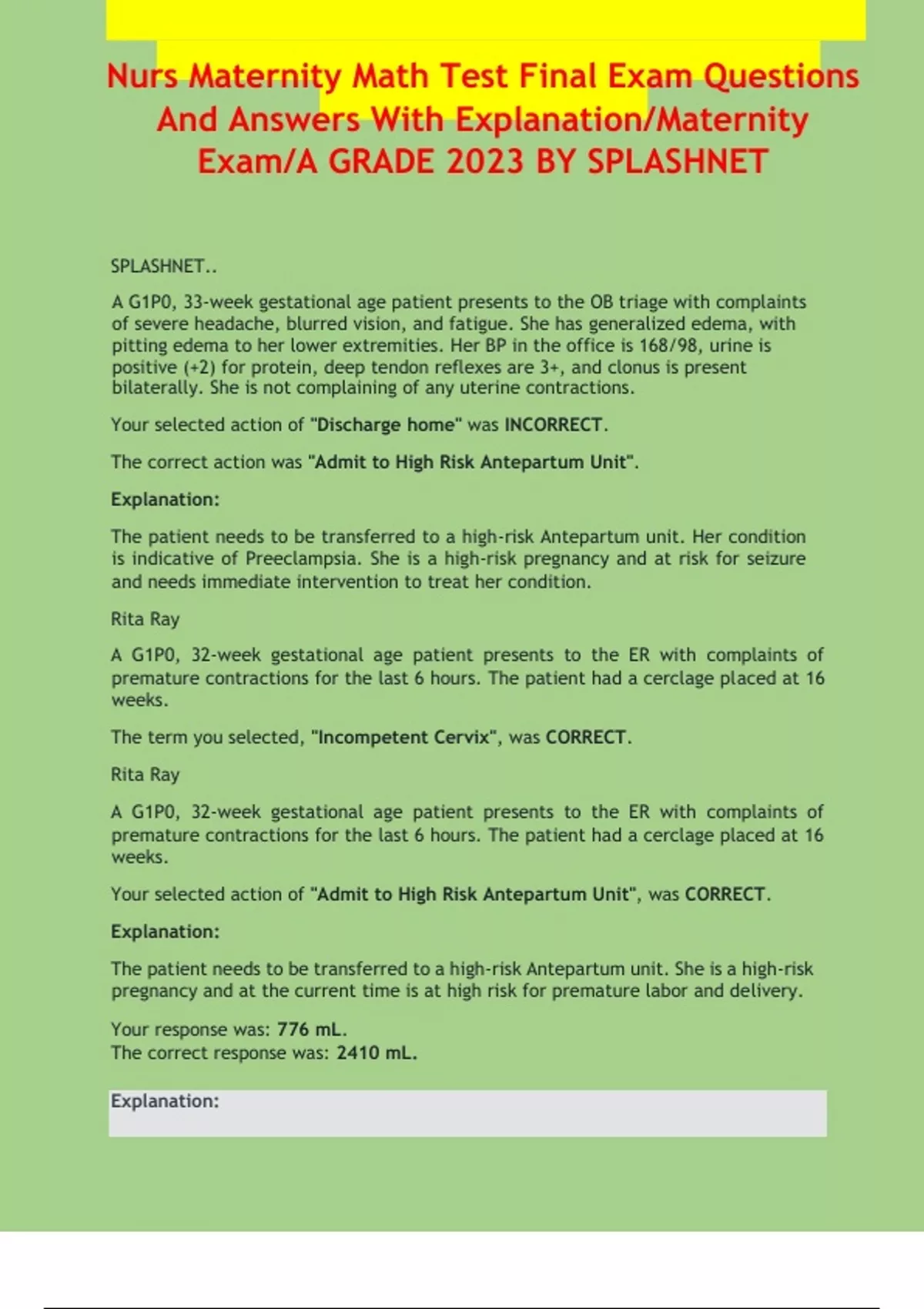 Nurs Maternity Math Test Final Exam Questions And Answers With ...