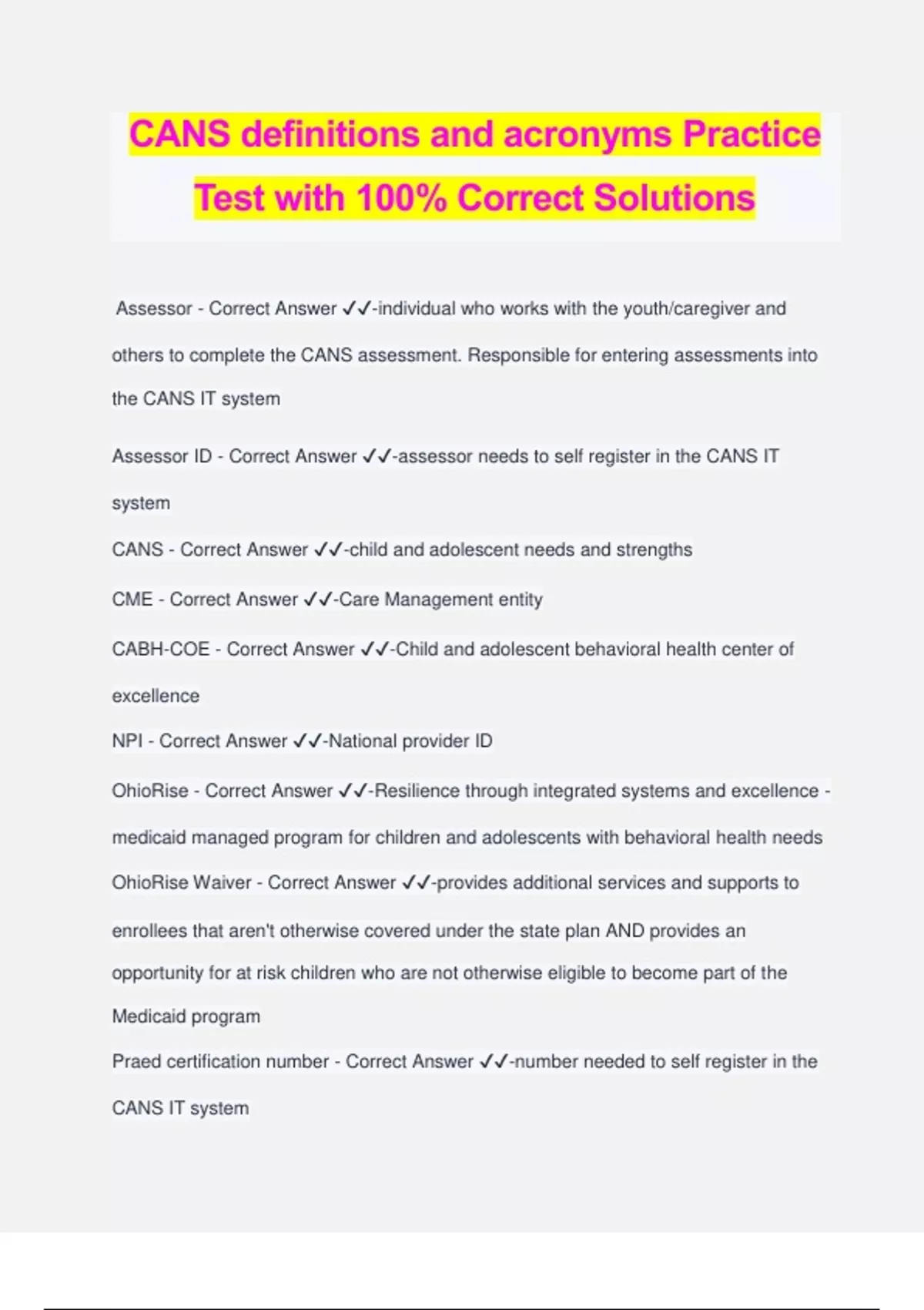 Child and Adolescent Needs and Strengths (CANS) Bundled Exams Questions ...