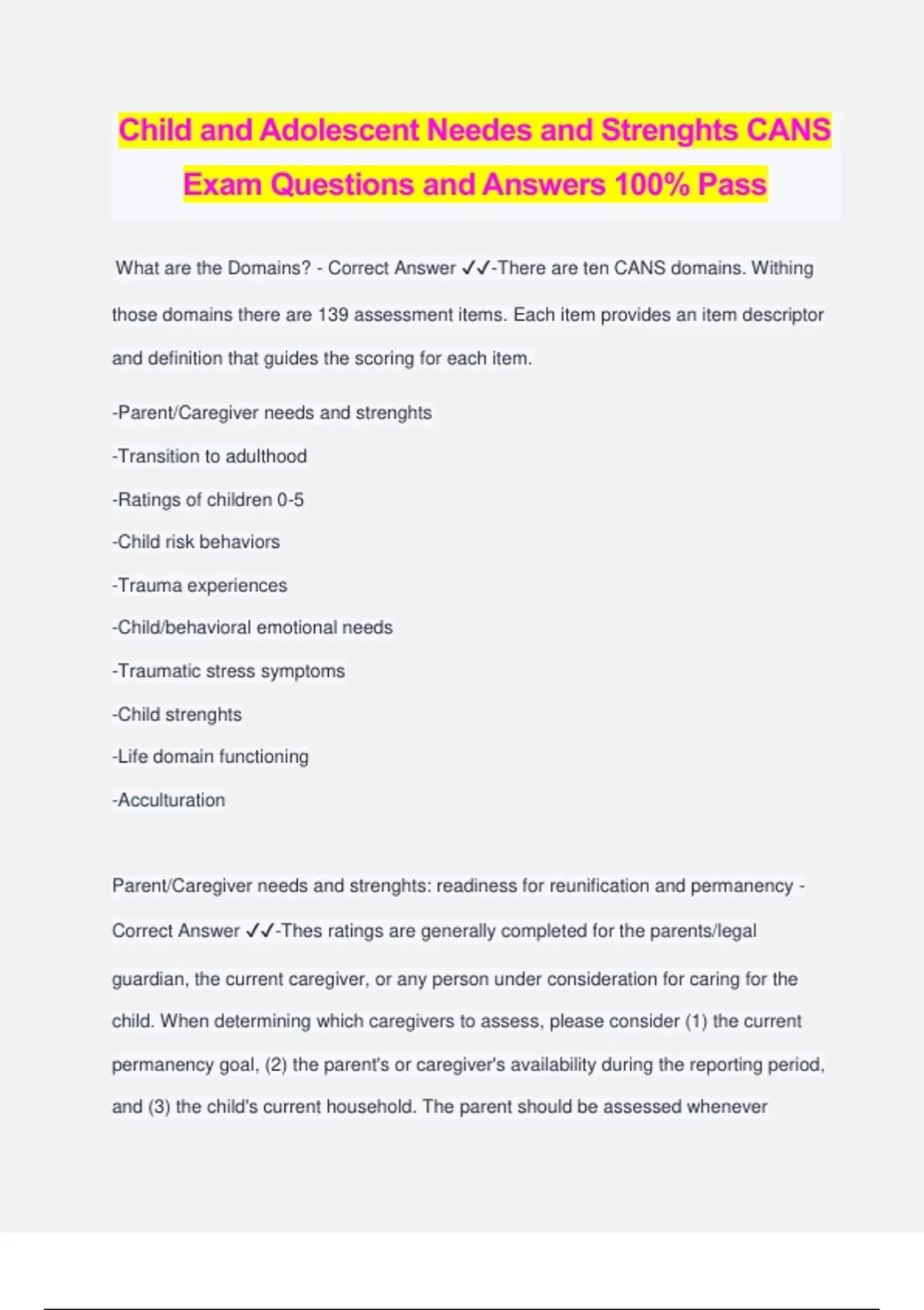 Child and Adolescent Needes and Strenghts CANS Exam Questions and ...