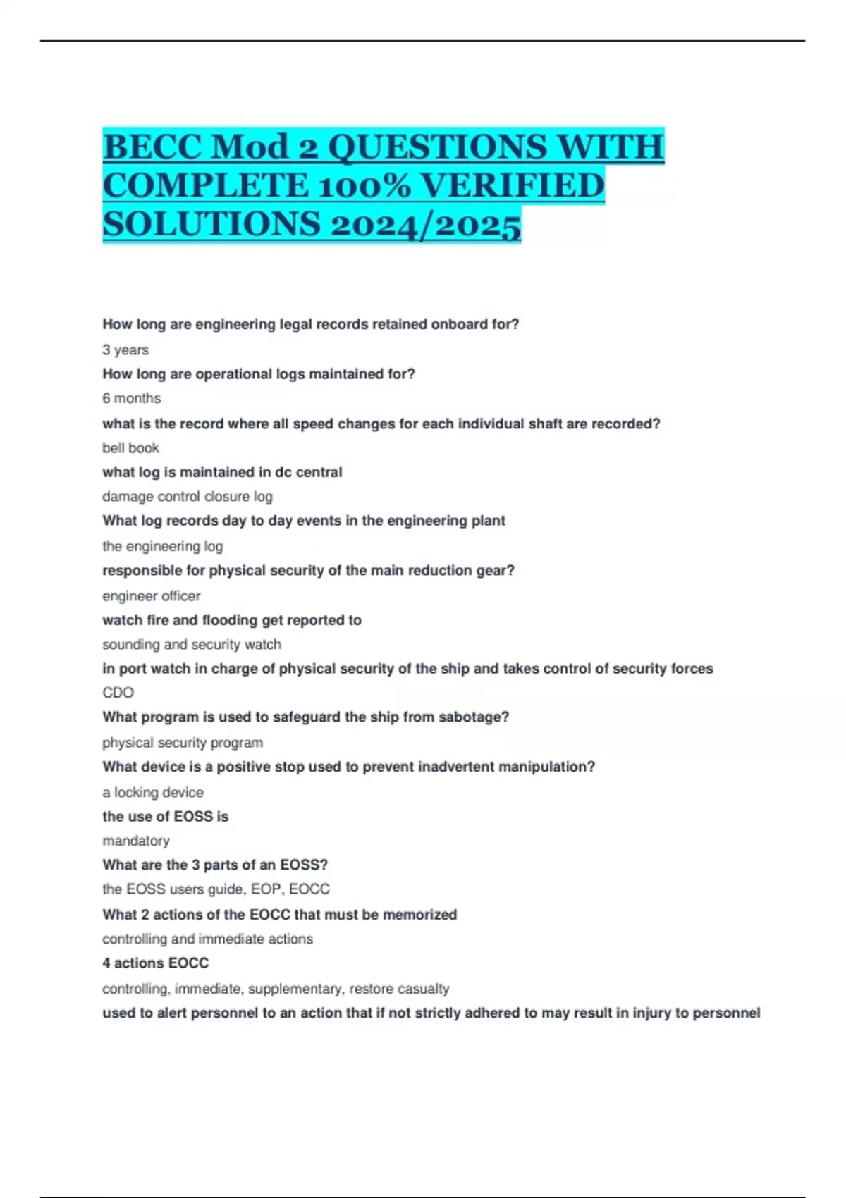 BECC Mod 2 QUESTIONS WITH COMPLETE 100% VERIFIED SOLUTIONS 2024/2025 ...