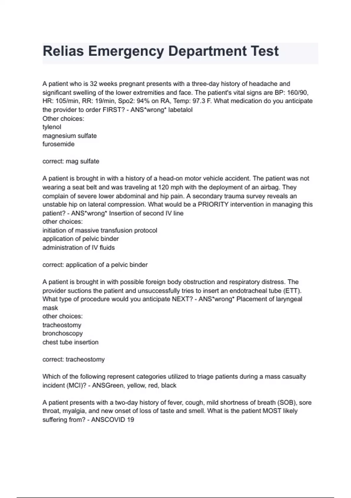 Relias Emergency Department Test 2024/2025 graded A+ by experts ...