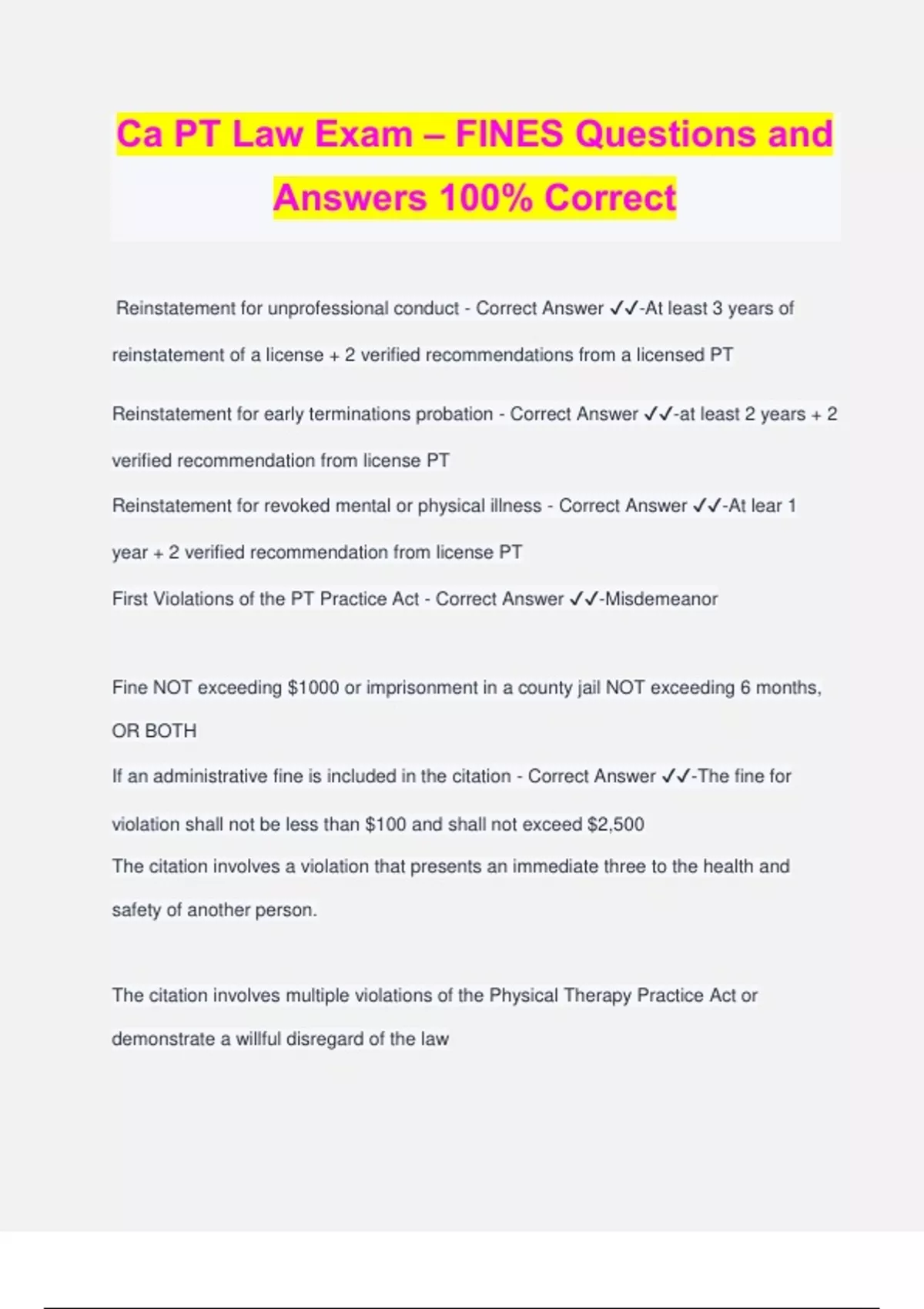 Ca PT Law Exam – FINES Questions and Answers 100% Correct - PTBC ...
