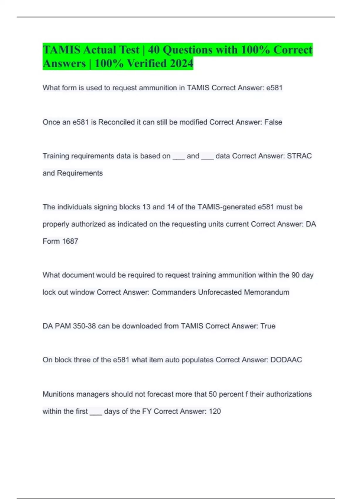 TAMIS Actual Test | 40 Questions with 100% Correct Answers | 100% ...