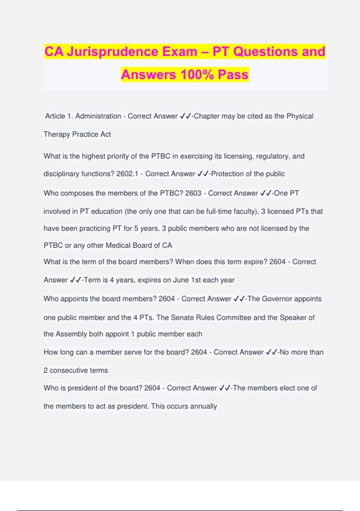 CA Jurisprudence Exam – PT Questions and Answers 100% Pass - PTBC ...