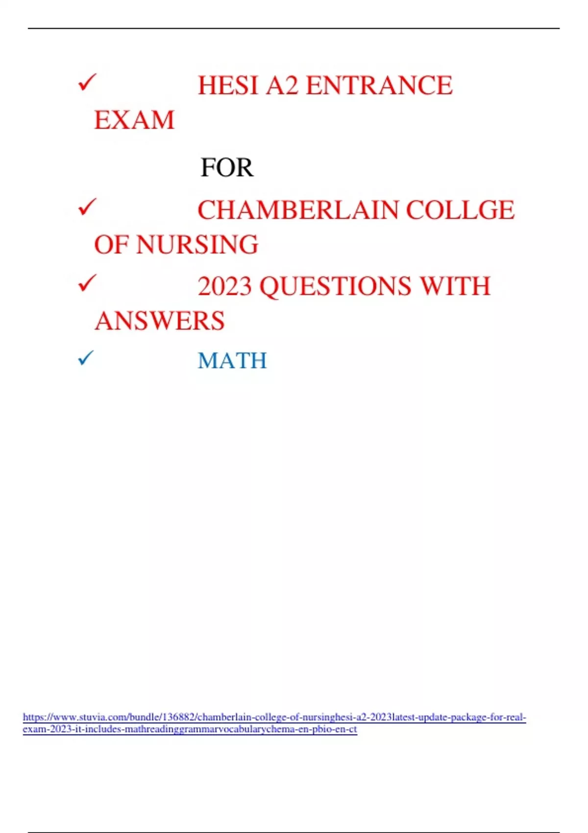 HESI A2 ENTRANCE EXAM FOR CHAMBERLAIN COLLGE OF NURSING 2023 QUESTIONS ...