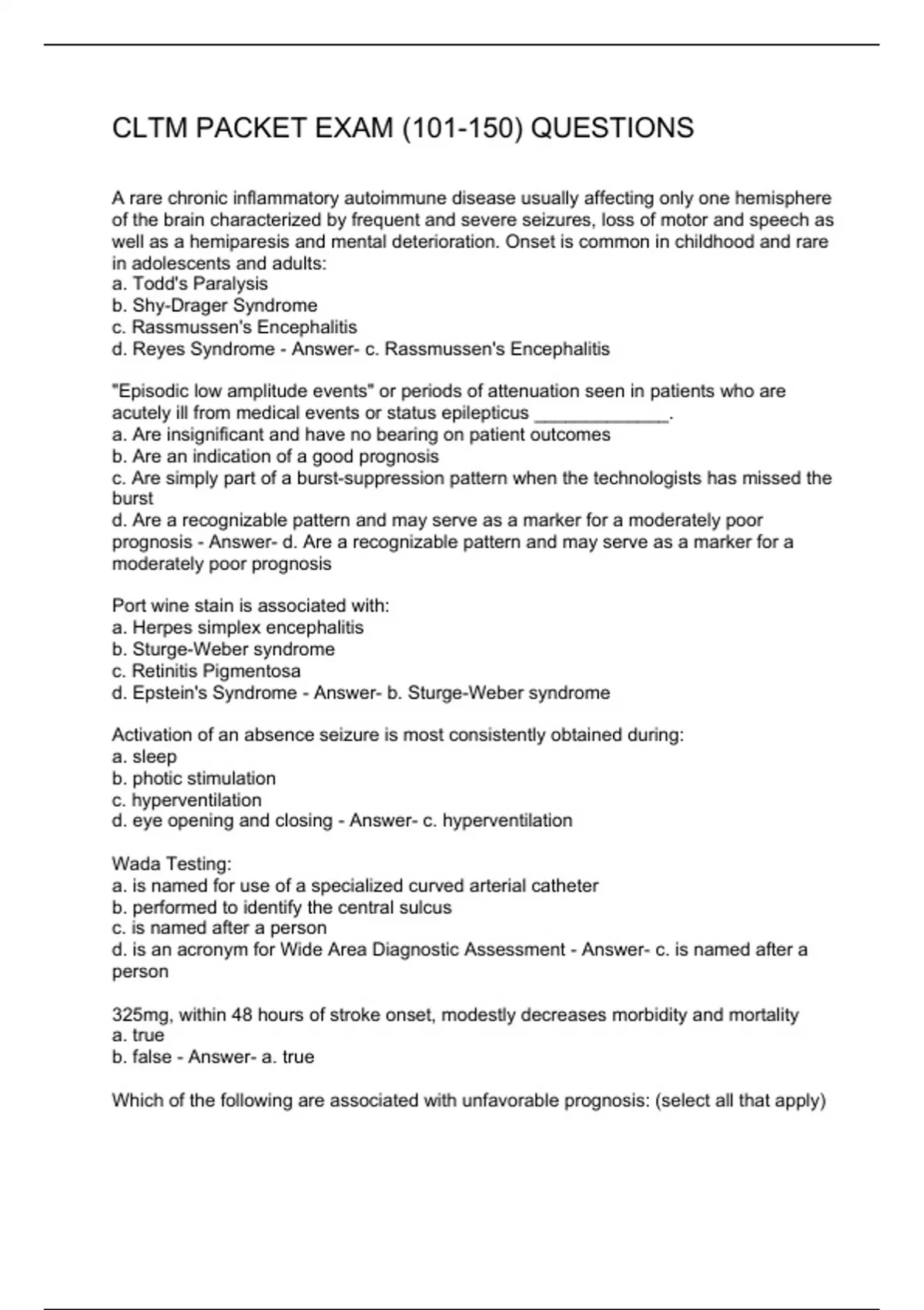 CLTM PACKET EXAM (101-150) QUESTIONS - CLTM - Stuvia UK