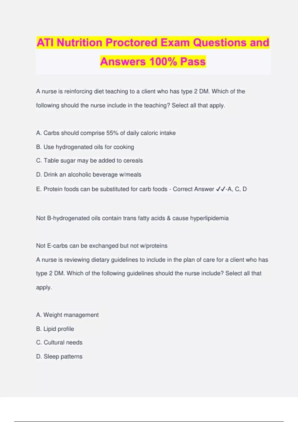 ATI Nutrition Proctored Exam Questions and Answers 100% Pass - ATI ...