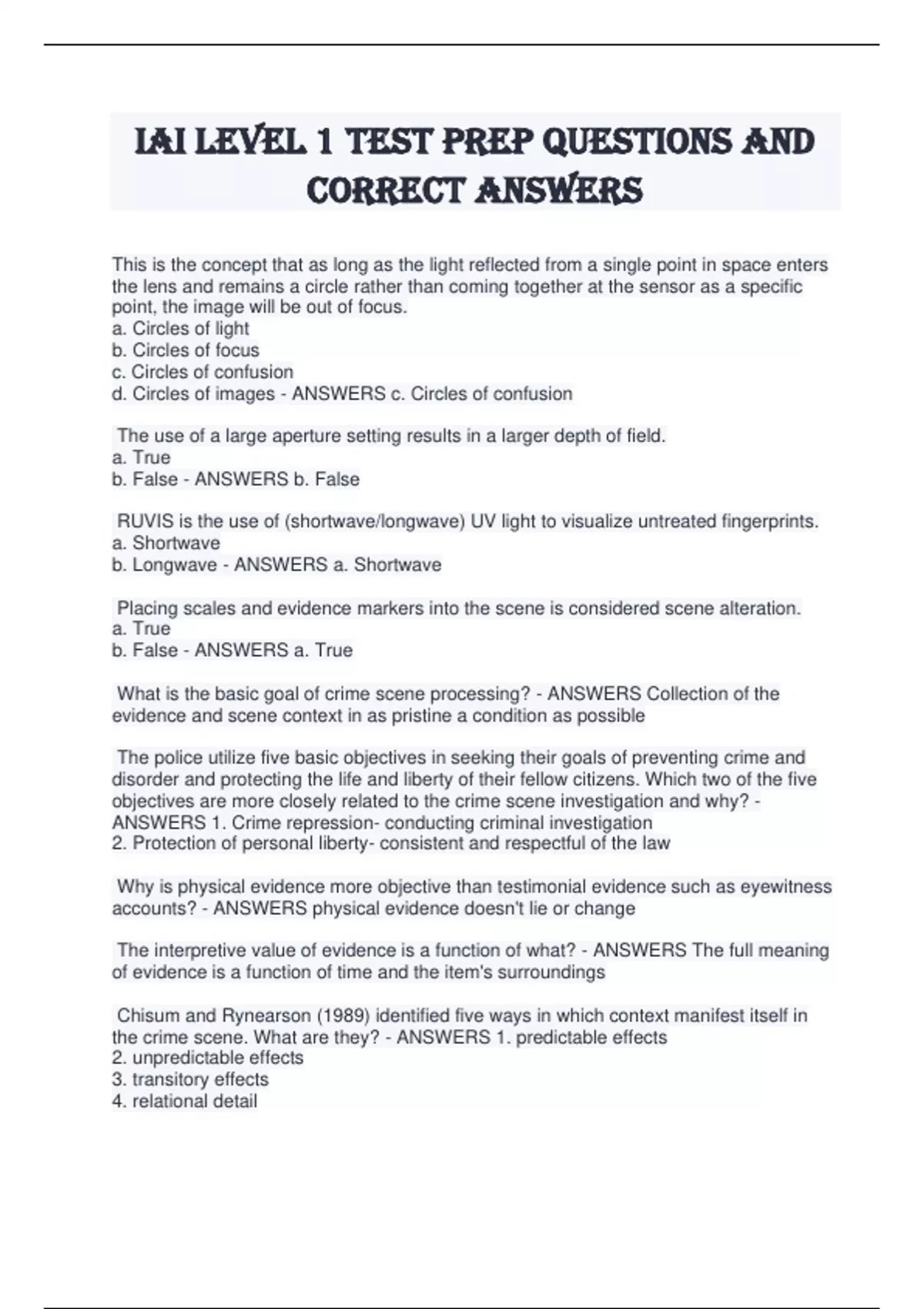 IAI Level 1 Test Prep QUESTIONS AND CORRECT ANSWERS - IAI - Stuvia US