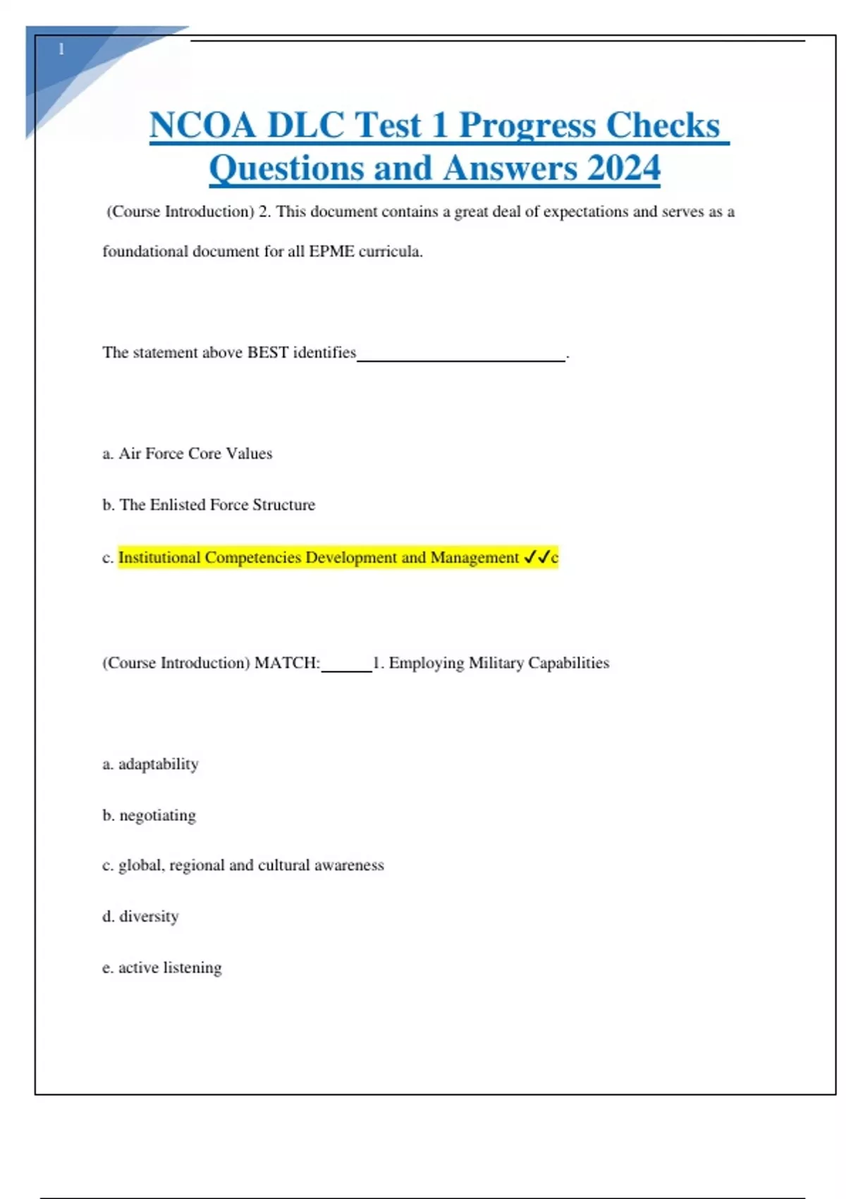 NCOA DLC Test 1 Progress Checks Questions and Answers 2024. - NCOA ...