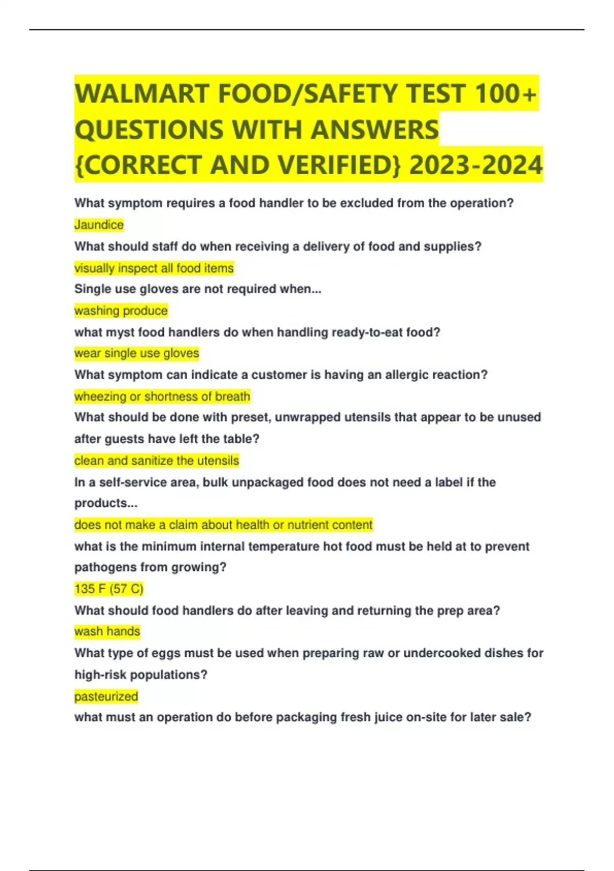 WALMART FOOD/SAFETY TEST 100+ QUESTIONS WITH ANSWERS {CORRECT AND ...
