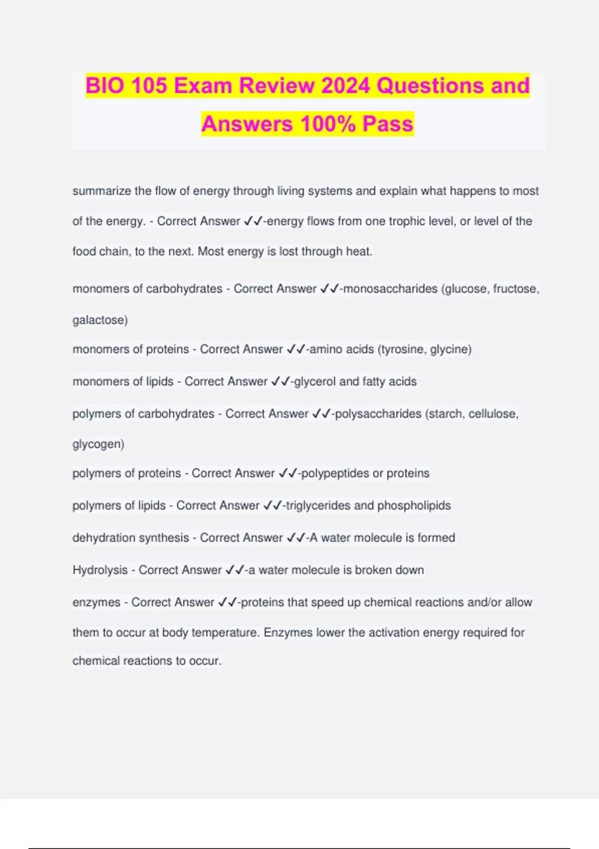 BIO 105 Exam Review 2024 Questions and Answers 100% Pass - BIO 105 ...