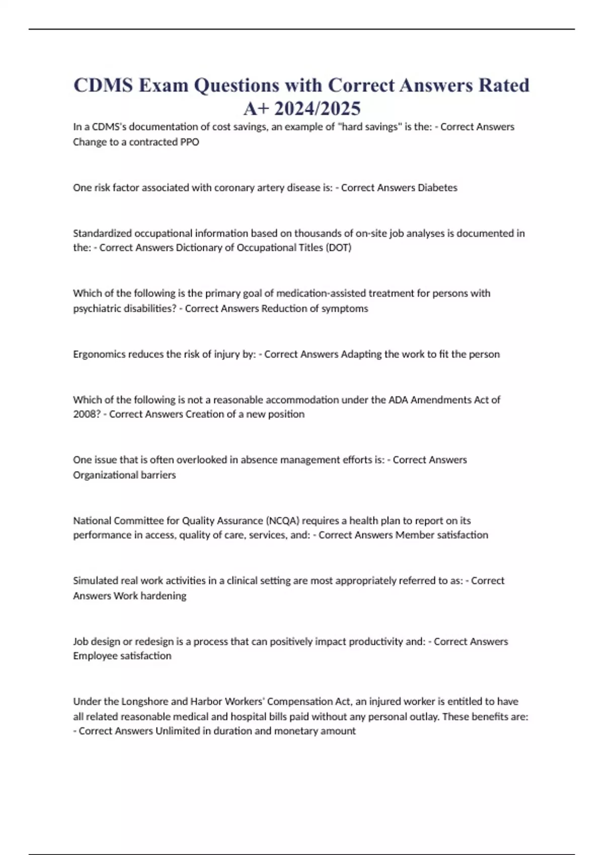 CDMS Exam Questions with Correct Answers Rated A+ 2024/2025 - CDMS ...