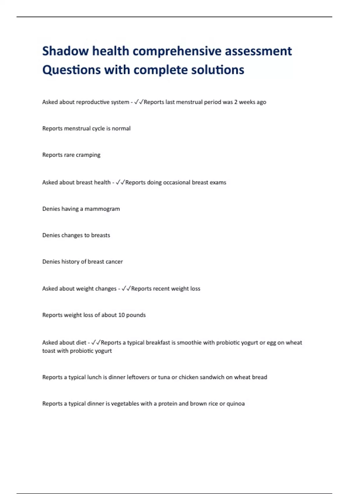 Shadow health comprehensive assessment Questions with complete ...