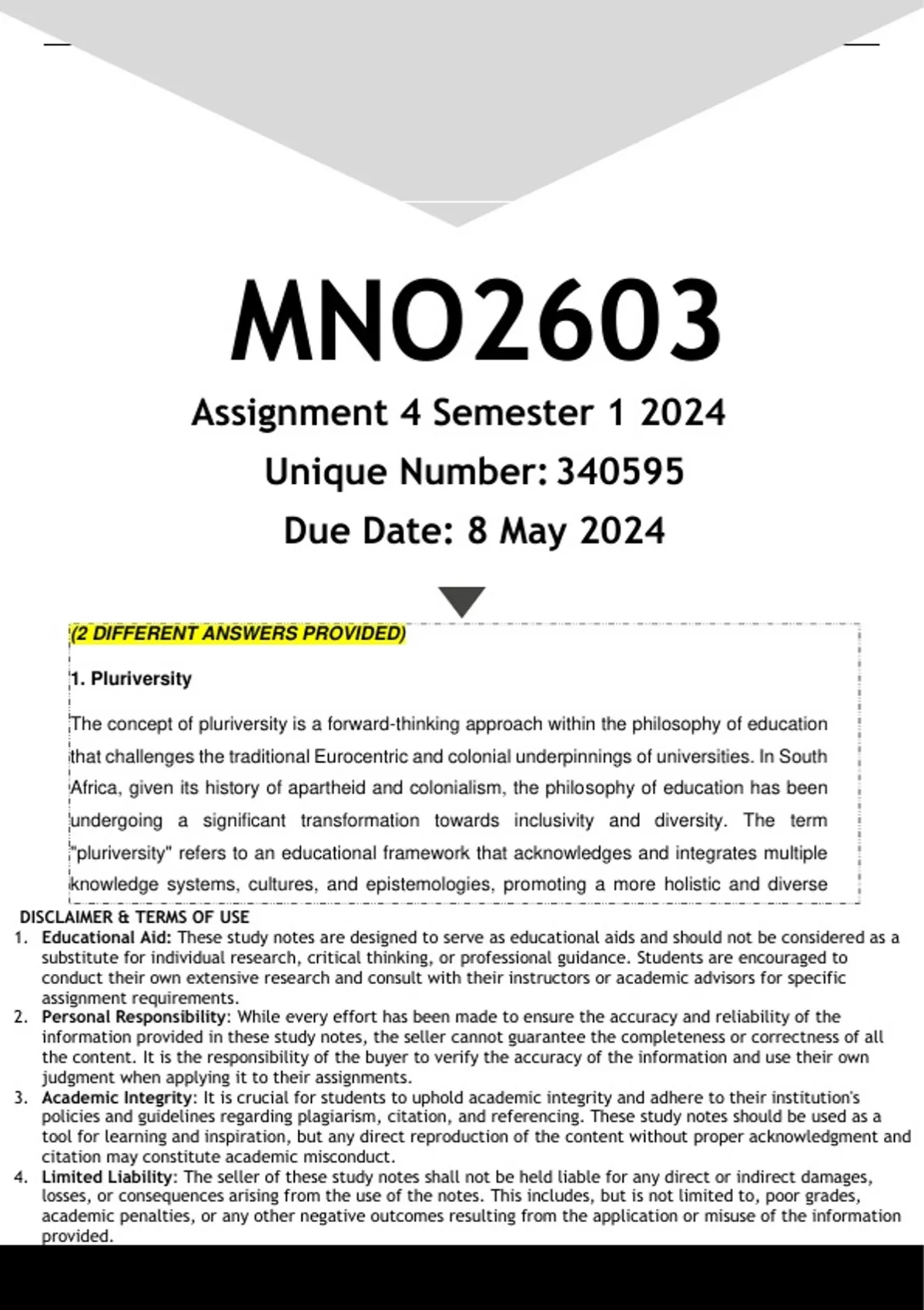 MNO2603 Assignment 4 (ANSWERS) Semester 1 2024 - DISTINCTION GUARANTEED ...