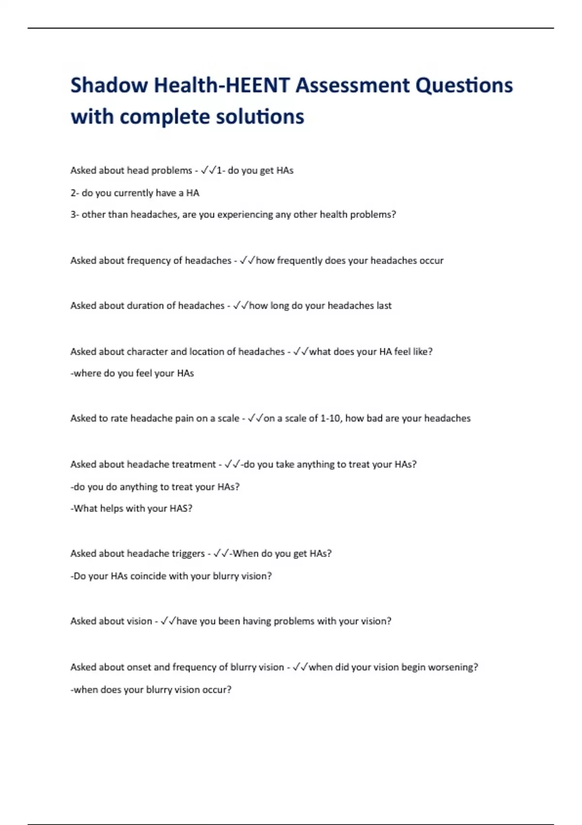 Shadow Health-HEENT Assessment Questions with complete solutions ...