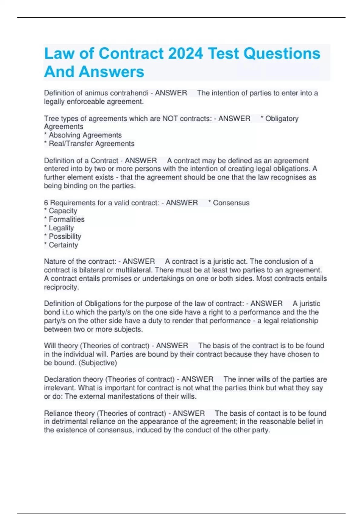 Law of Contract 2024 Test Questions And Answers - Law of Contract ...
