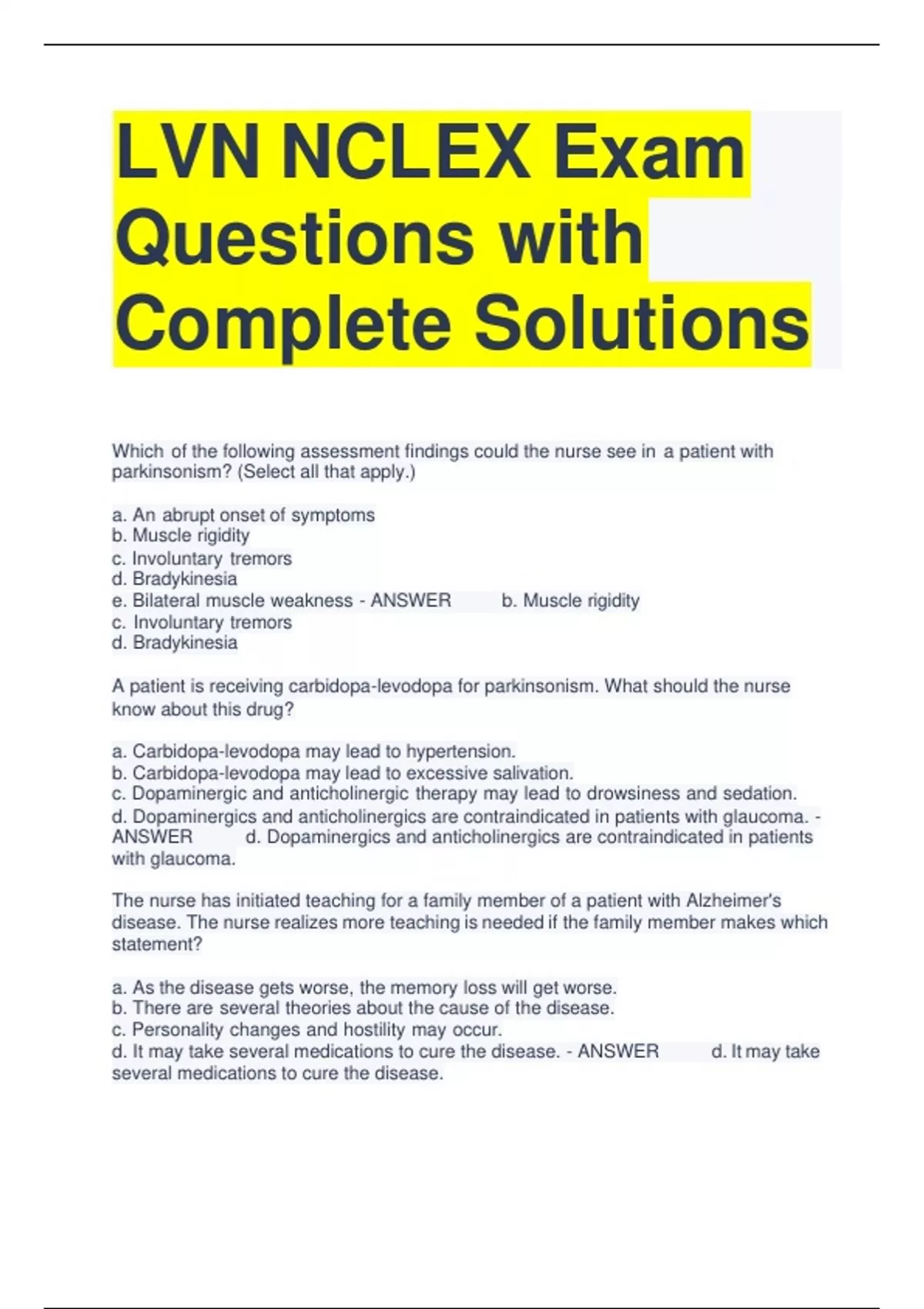 LVN NCLEX Exam Questions with Complete Solutions - LVN - Stuvia US